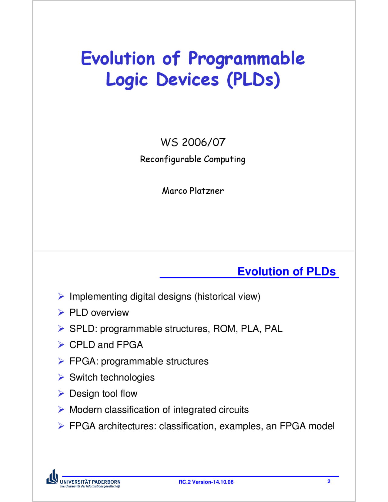 Evaluation Of Programmable Logic Devices Eecs 700 Docsity