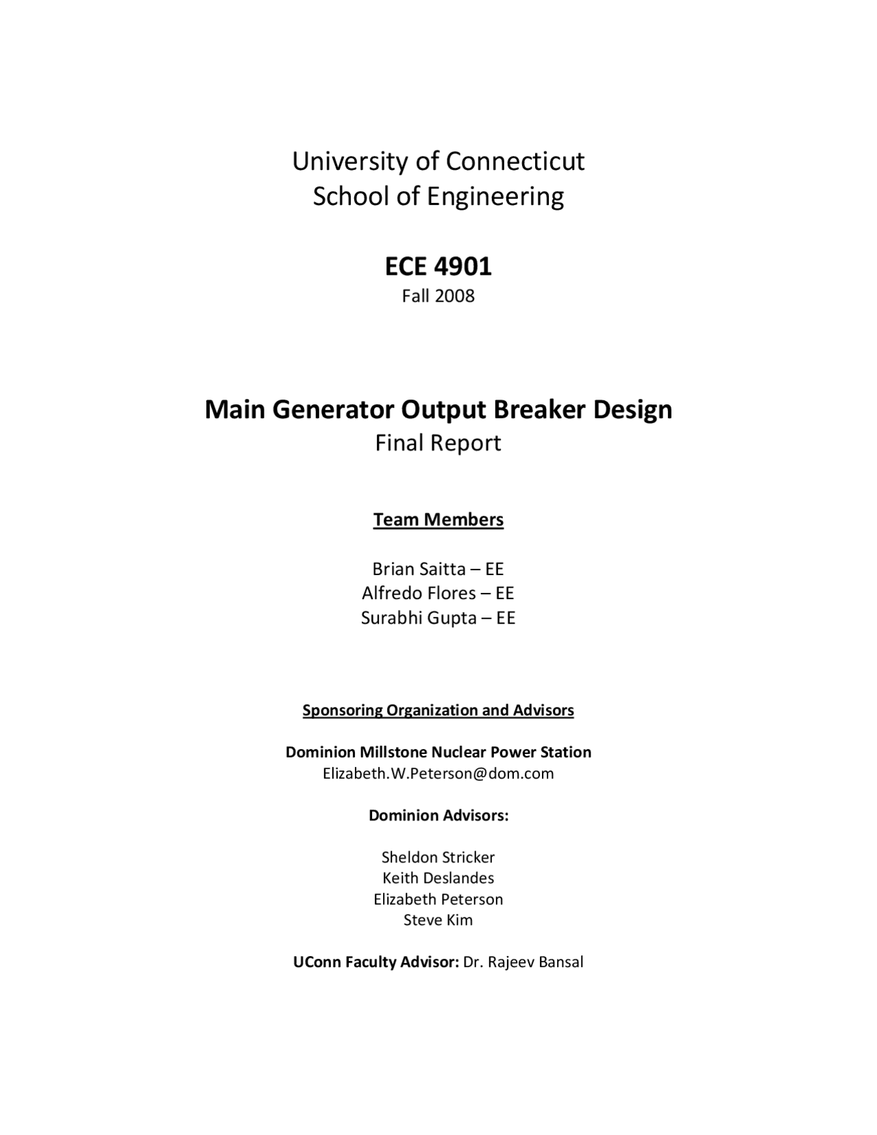 Main Generator Output Breaker Design - Final Report | ECE 4901 - Docsity