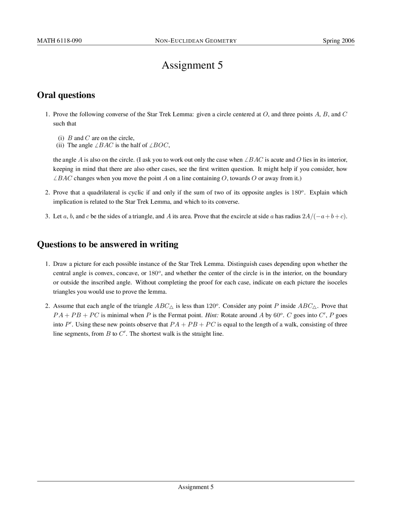 Assignment 5 Non Euclidean Geometry Math 6118 Docsity