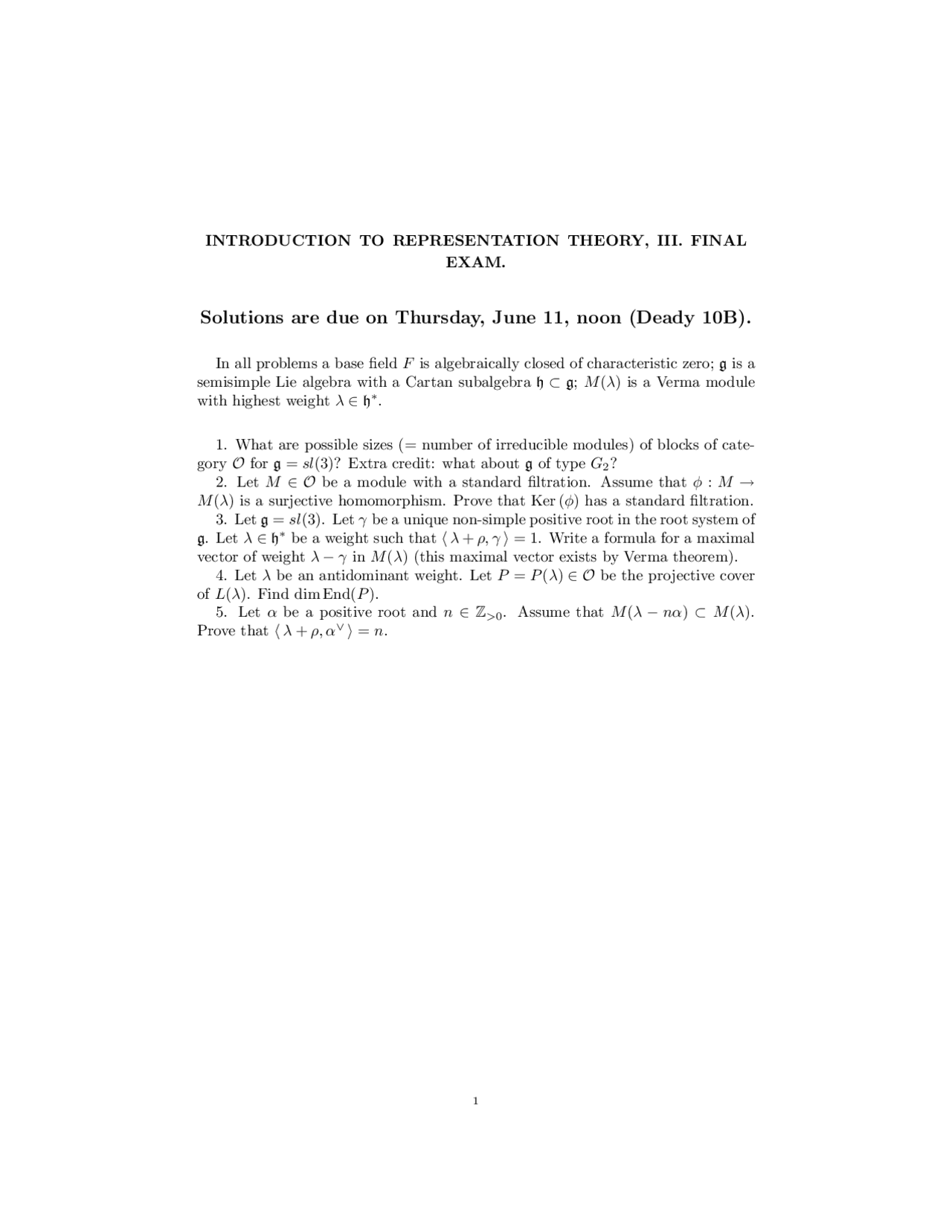 Final Exam Problems Introduction To Representation Theory Math 683