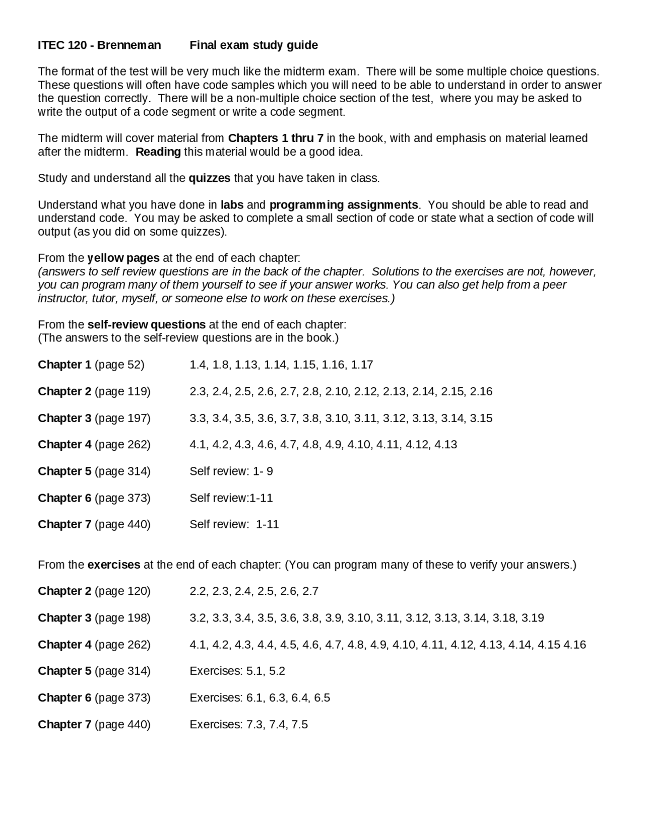 Principles of Computer Science I - Final Exam Study Guide | ITEC 120 ...