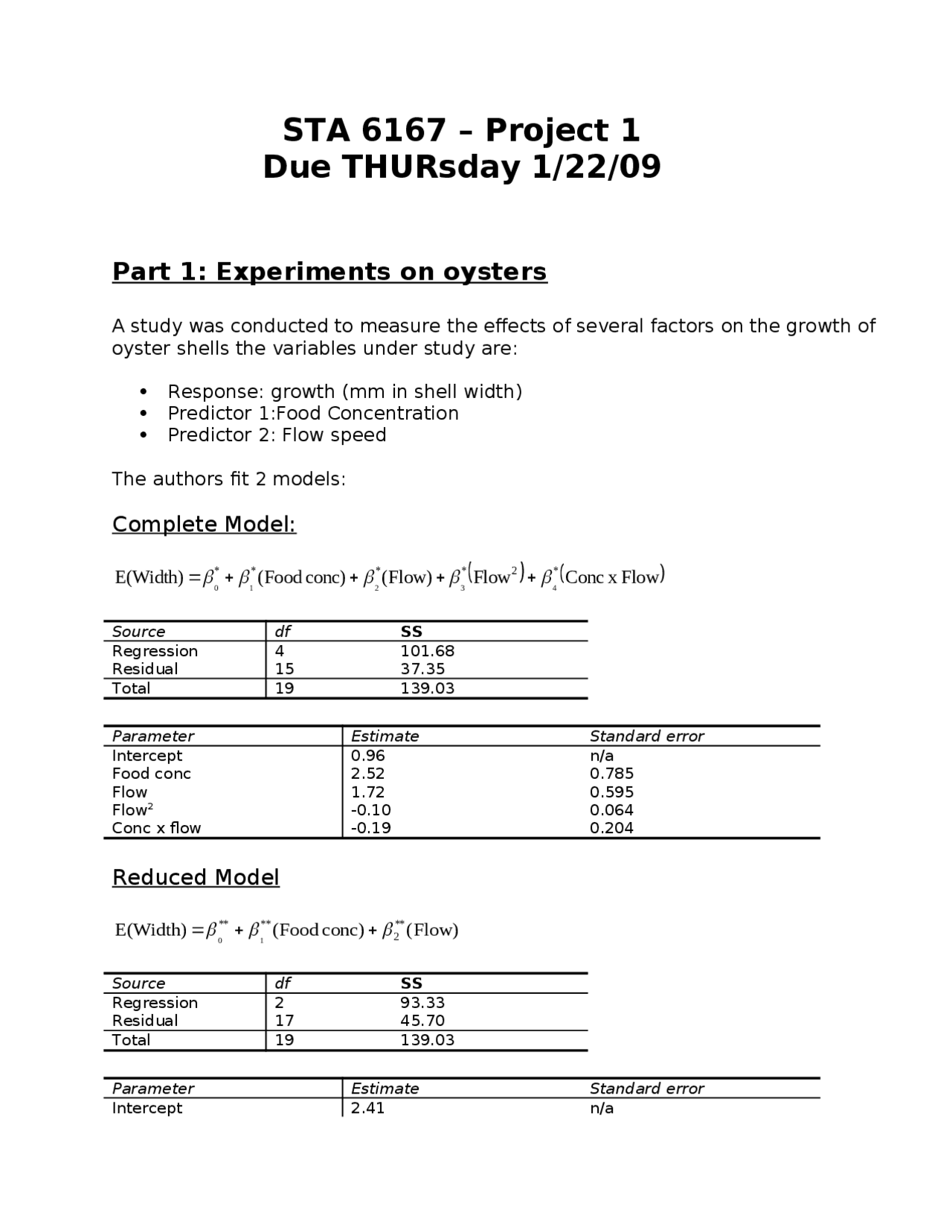 Part 1: Experiments on Oysters - Project 1 | STA 6167 - Docsity