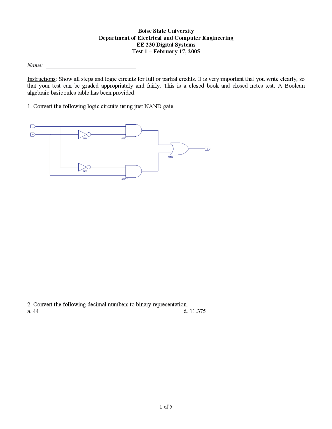 Practice Questions For Test 1 Digital Systems Fall 2005 Ece 230