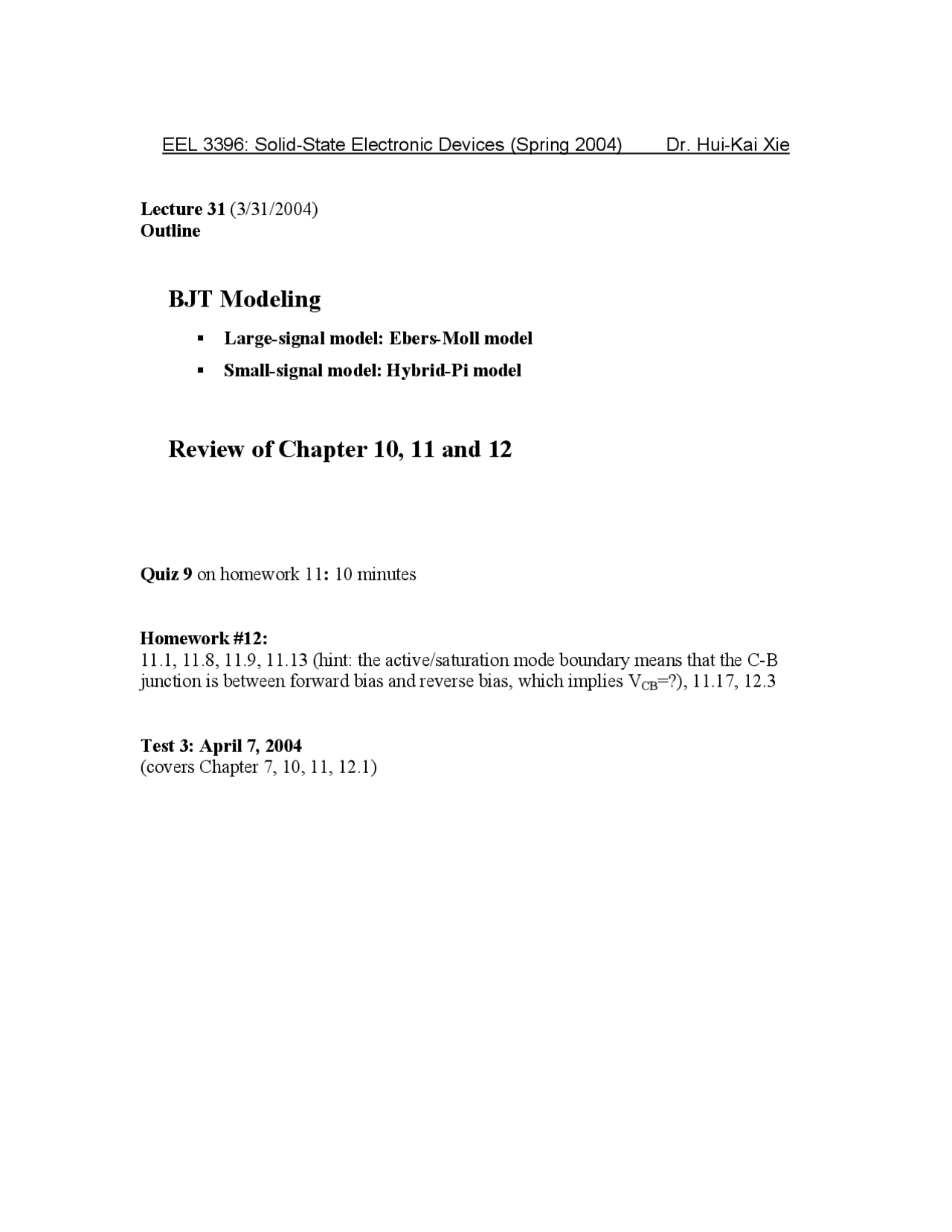 The Larger And Smaller Signal Model Quiz 9 Eel 3396 Docsity