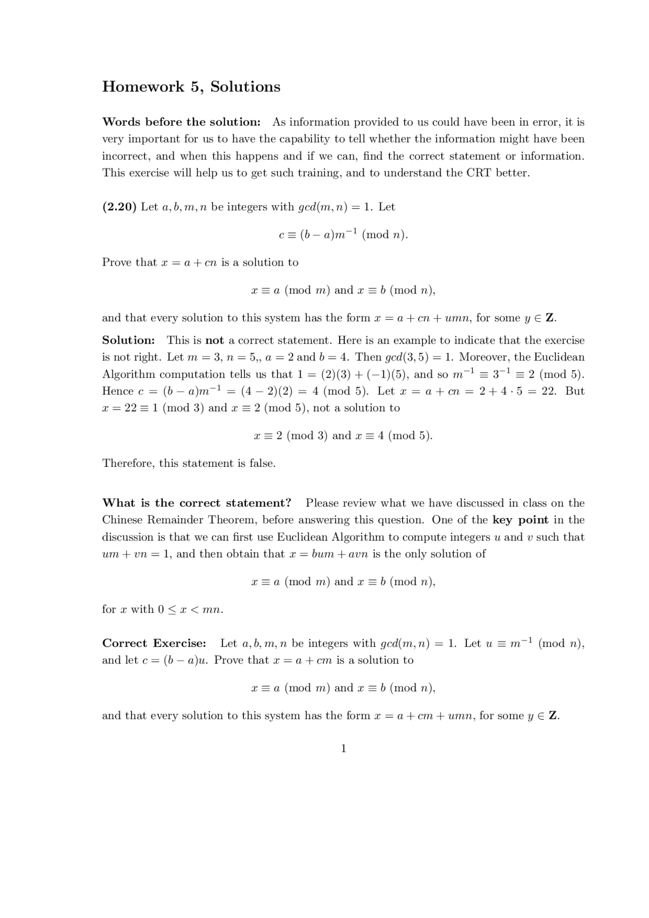 Homework 5 With Solution Key For Introduction To Cryptography Math