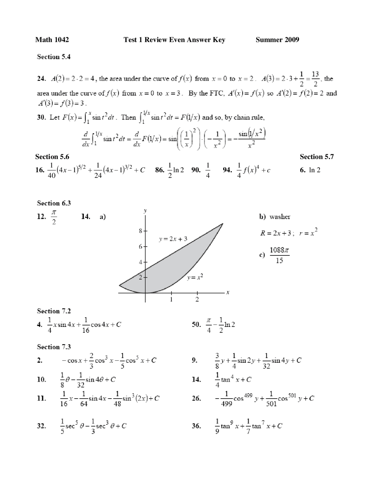 Final Exam 1 With Answer Key Calculus Ii Math 1042 Docsity