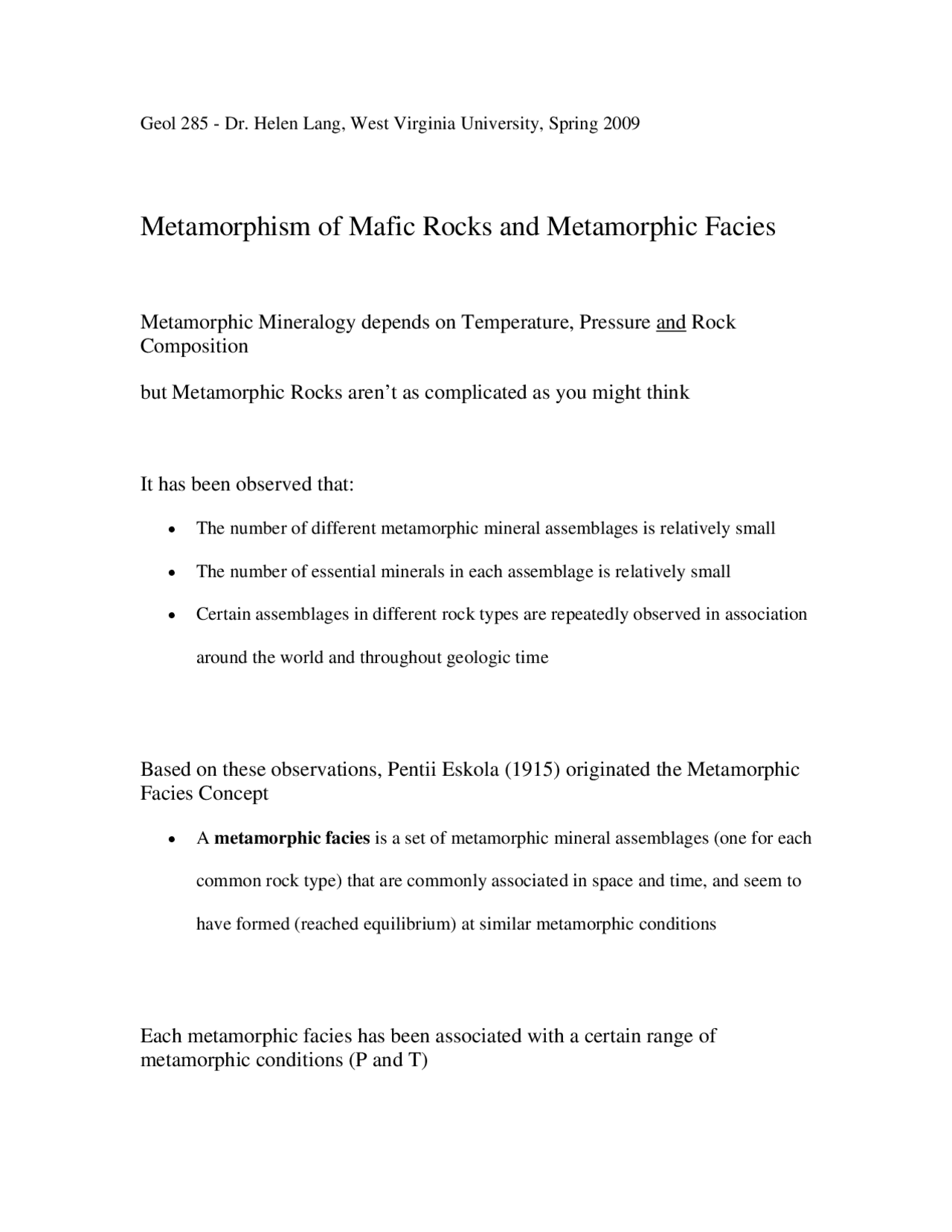 Metamorphism of Mafic Rocks and Metamorphic Facies - Introductory ...