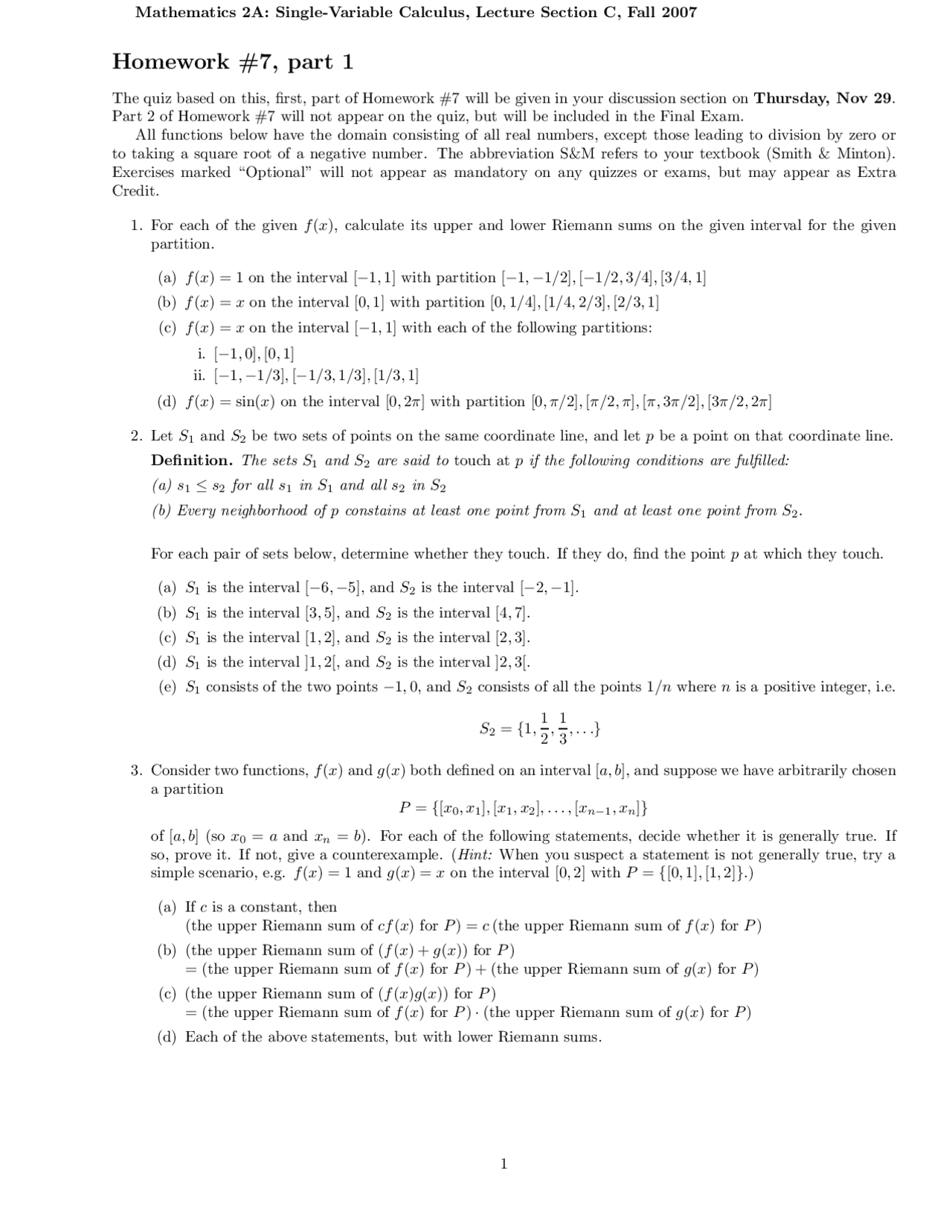 Mathematics 2a Single Variable Calculus Assignment 7 Math 2 Docsity