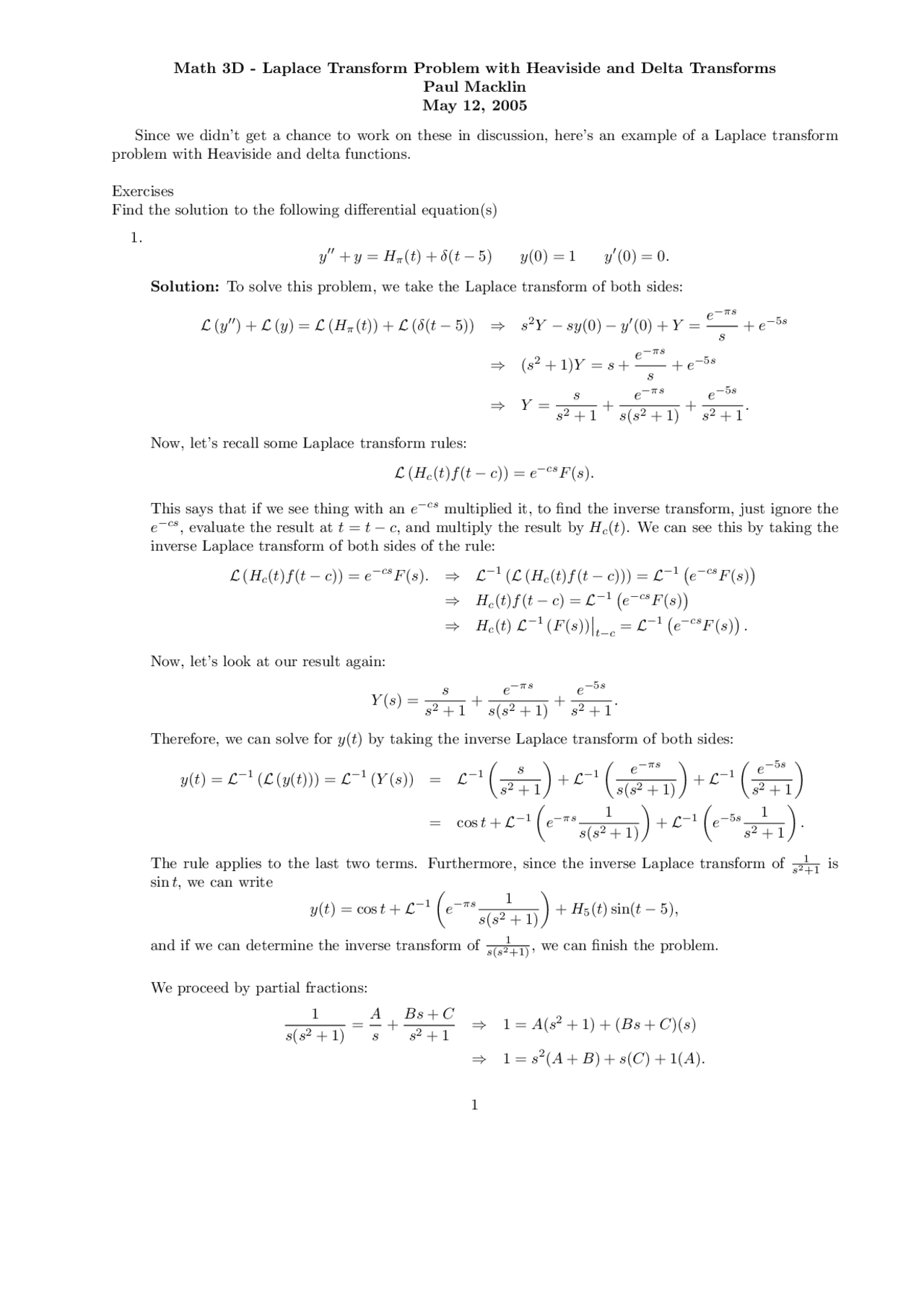Laplace Transform Problem With Heaviside And Delta Transforms Notes