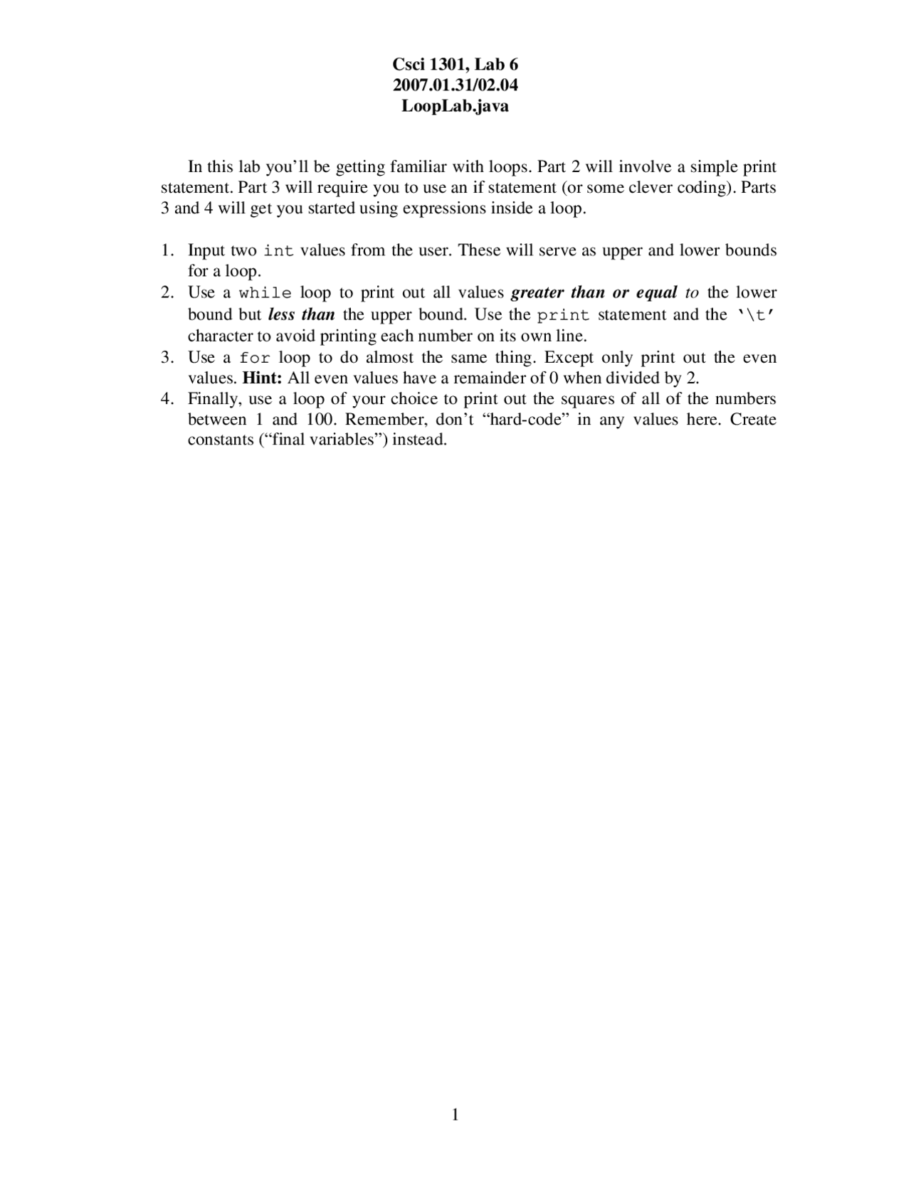 Introduction To Computing And Programming Looplabjava Csci 1301 2010