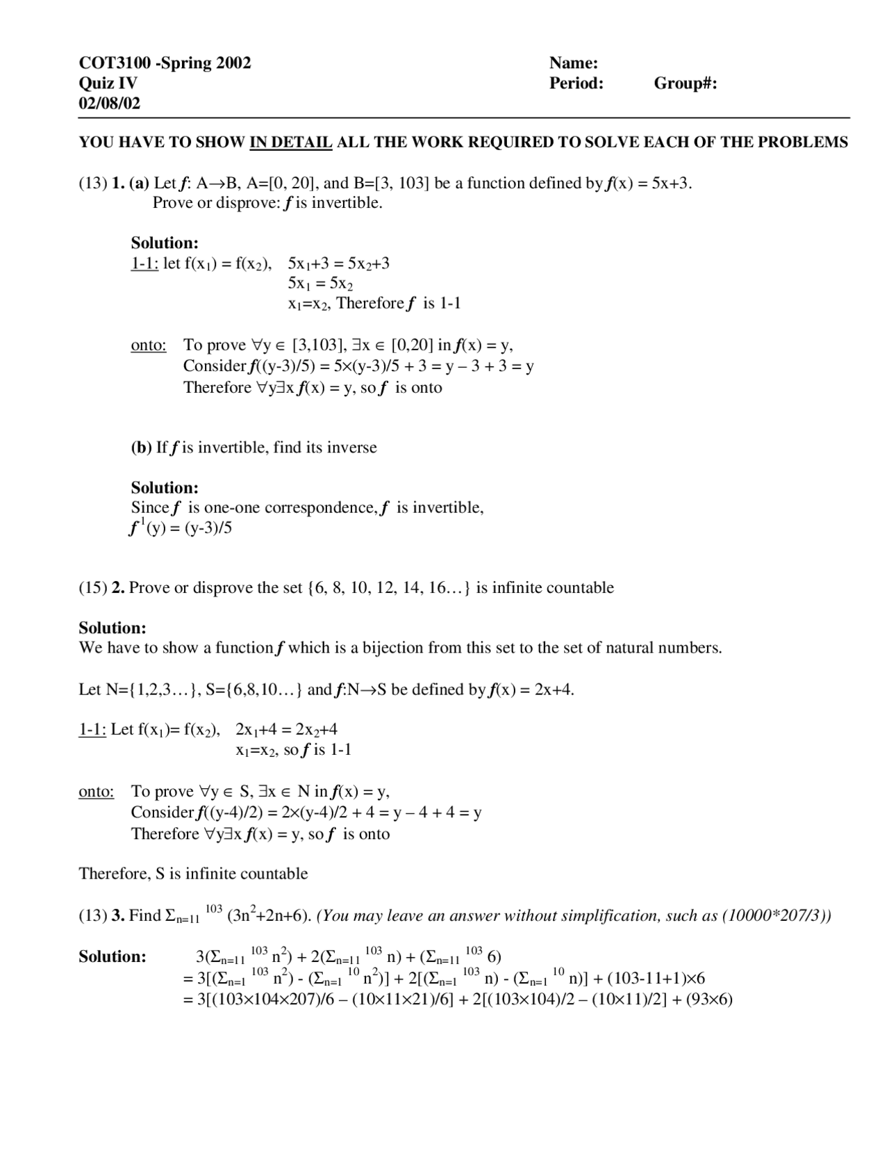Quiz 4 With Solutions Applications Of Discrete Structures Cot 3100