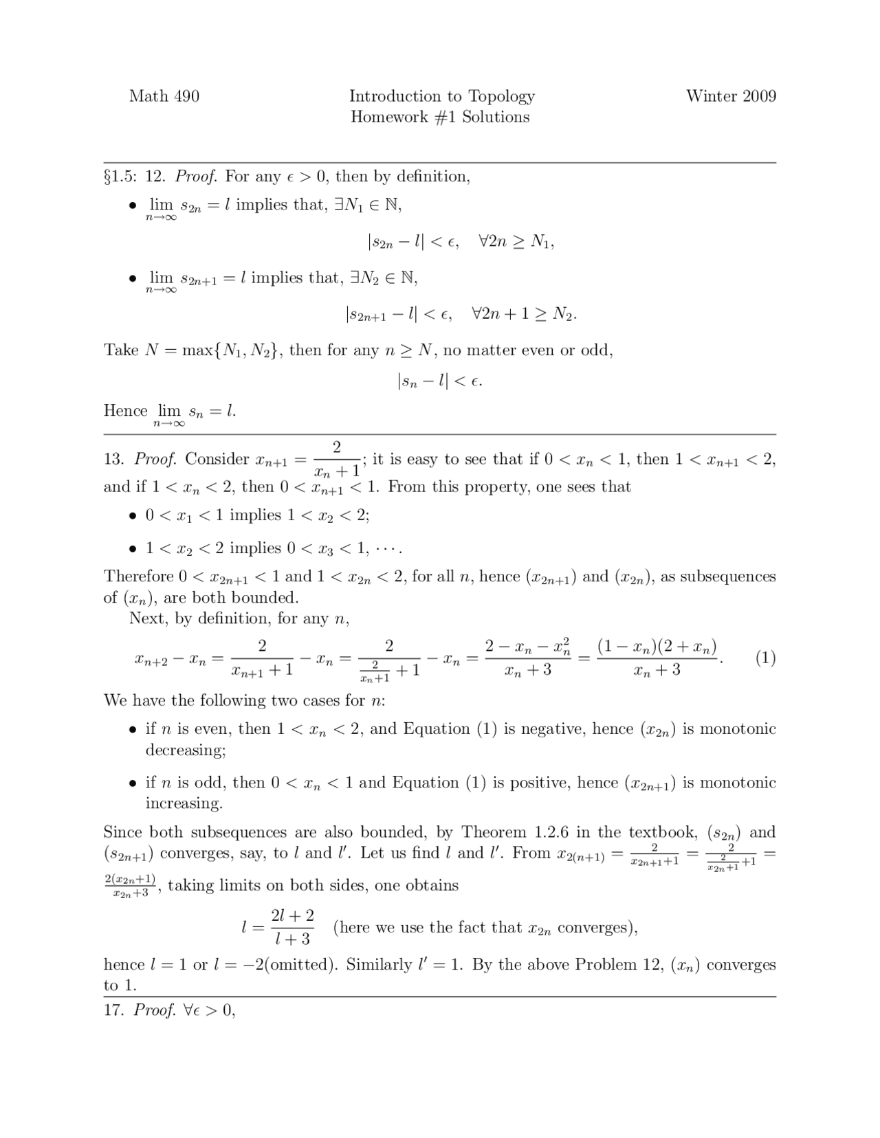 Homework 1 Solutions Introduction To Topology Math 490 Docsity