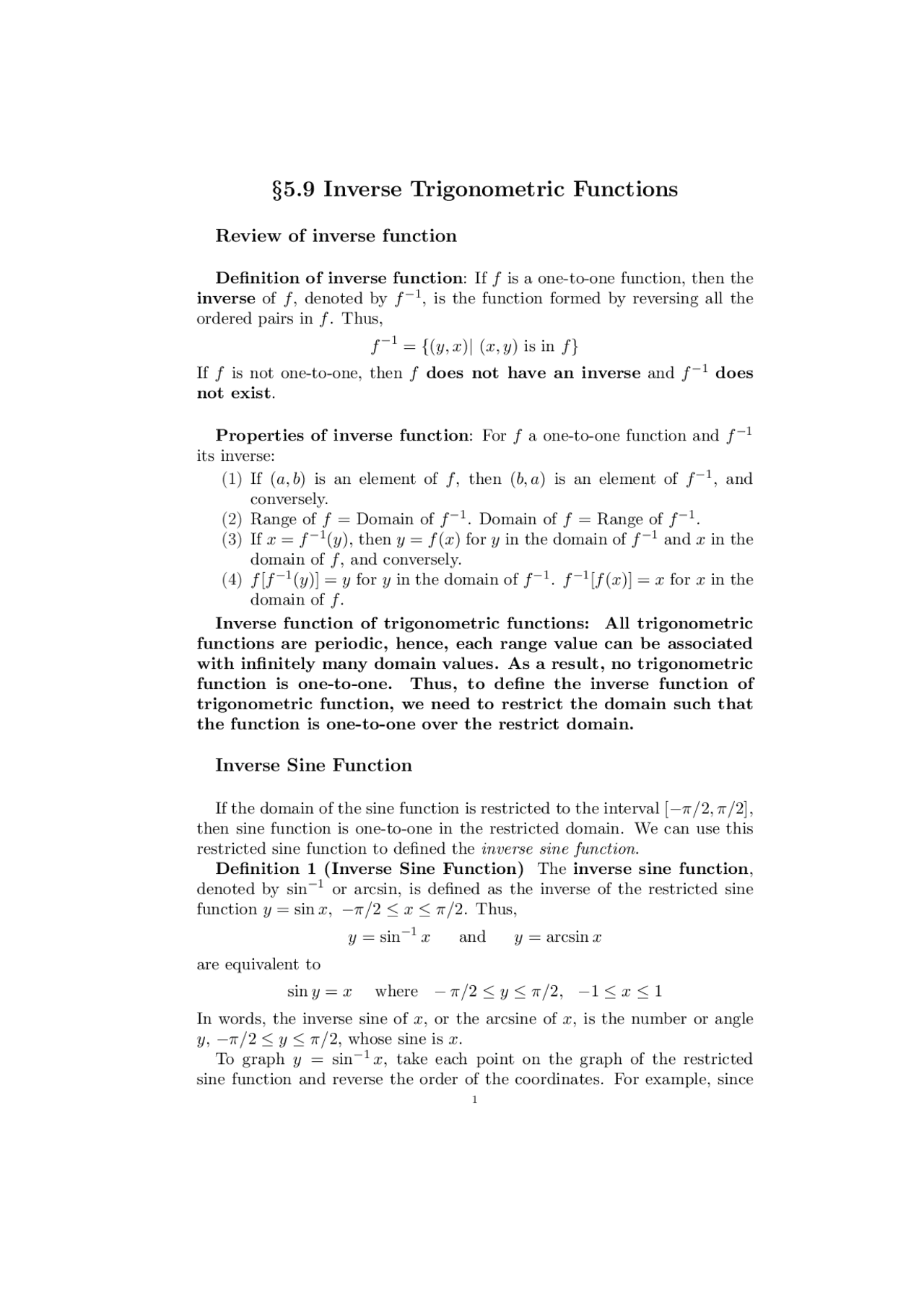 Inverse Trigonometric Functions Review Sheet Rel Std 5 Docsity