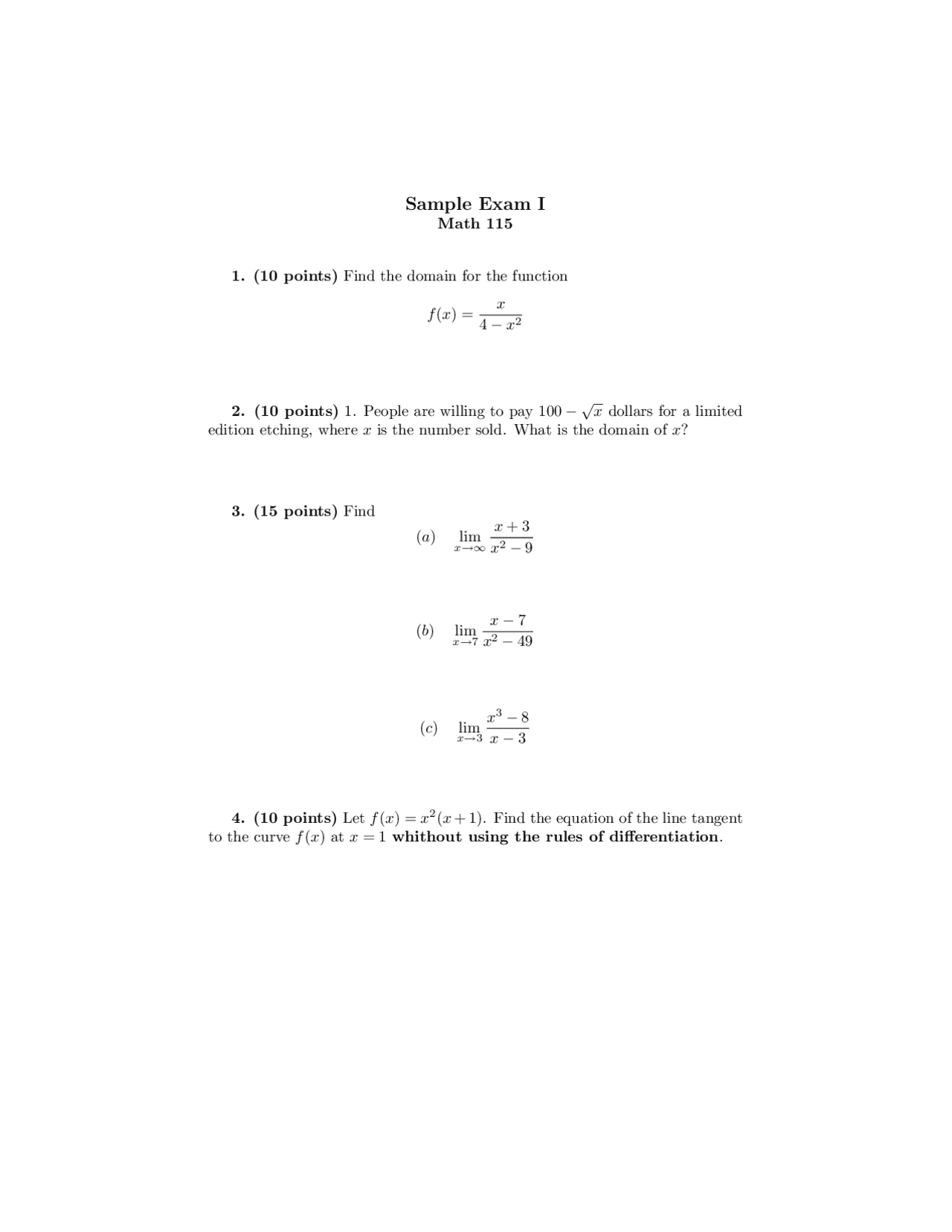 Sample Exam 1 Math 115 Calculus I Math 115 Docsity