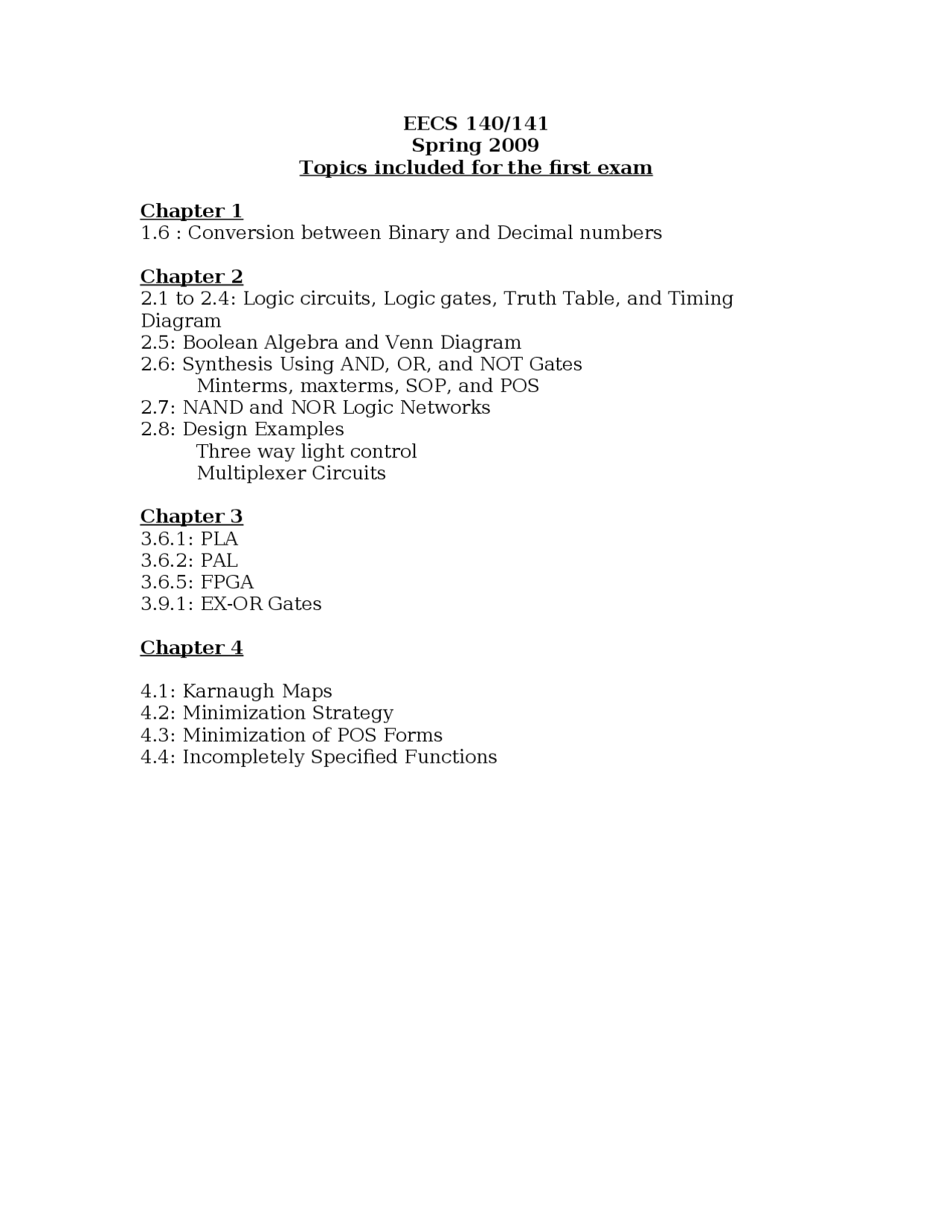 Topics For Final Exam Introduction To Digital Logic Design Eecs 140