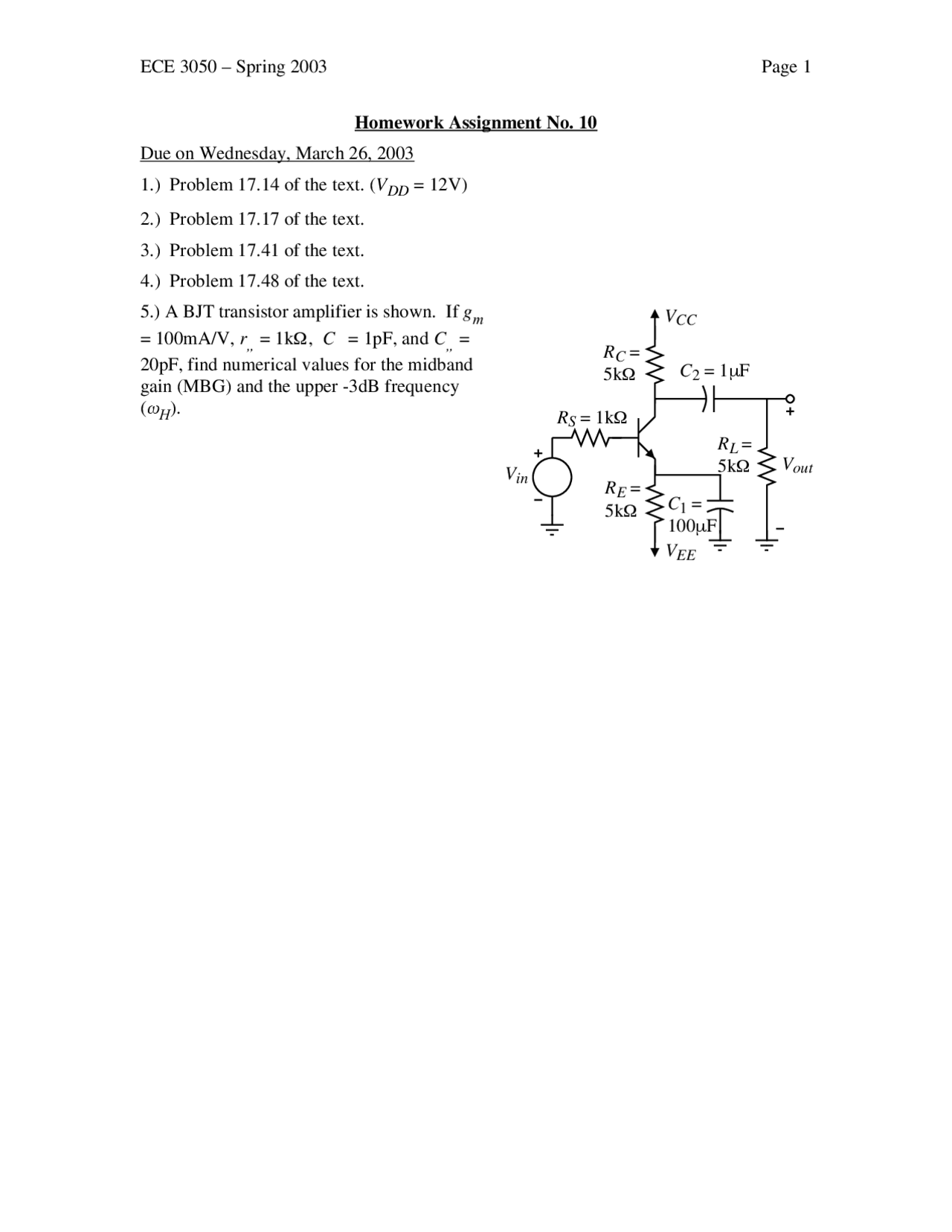 5 Problems On Transistor Amplifier Assignment 10 Ece 3050 Docsity
