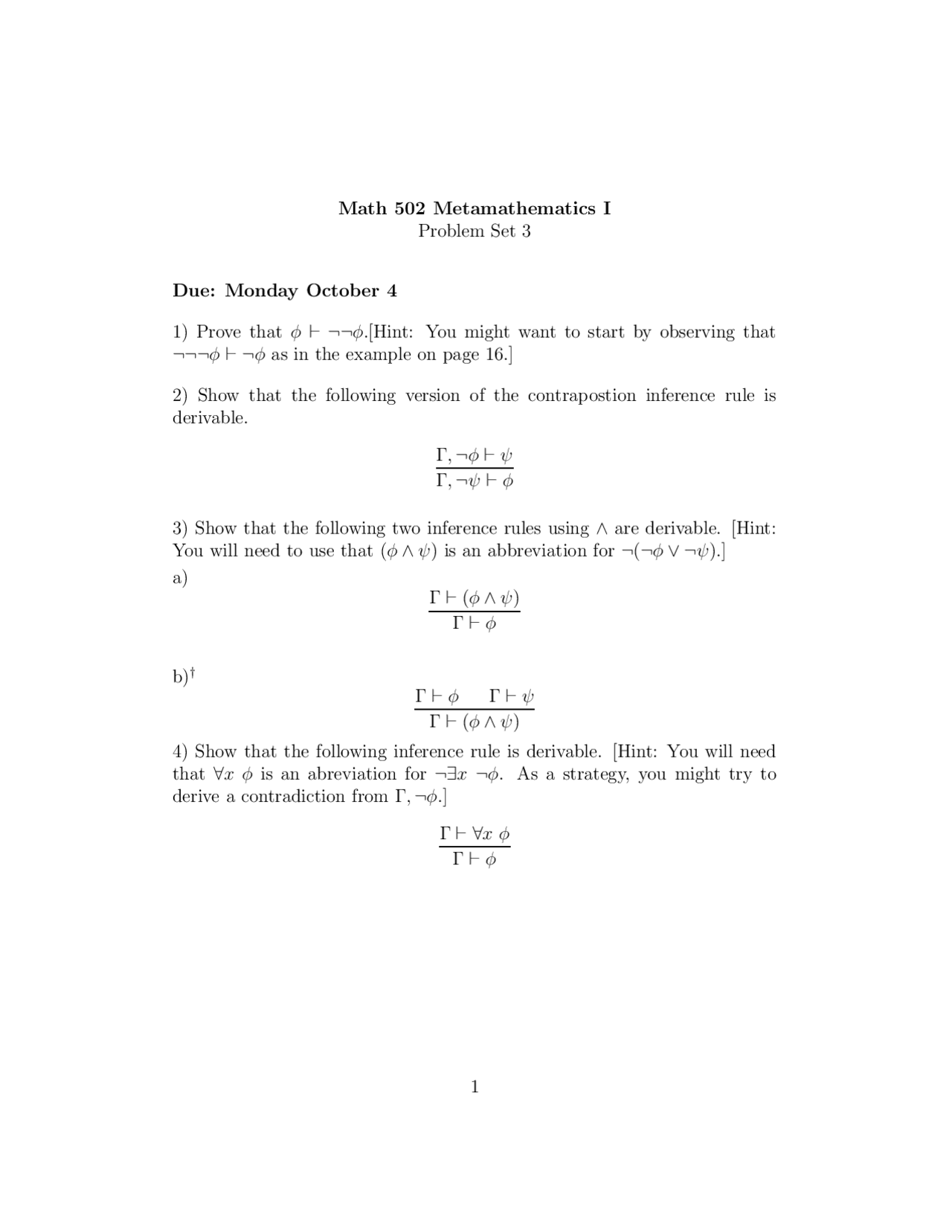 3 Problems On Metamathematics I Assignment 3 Math 502 Docsity