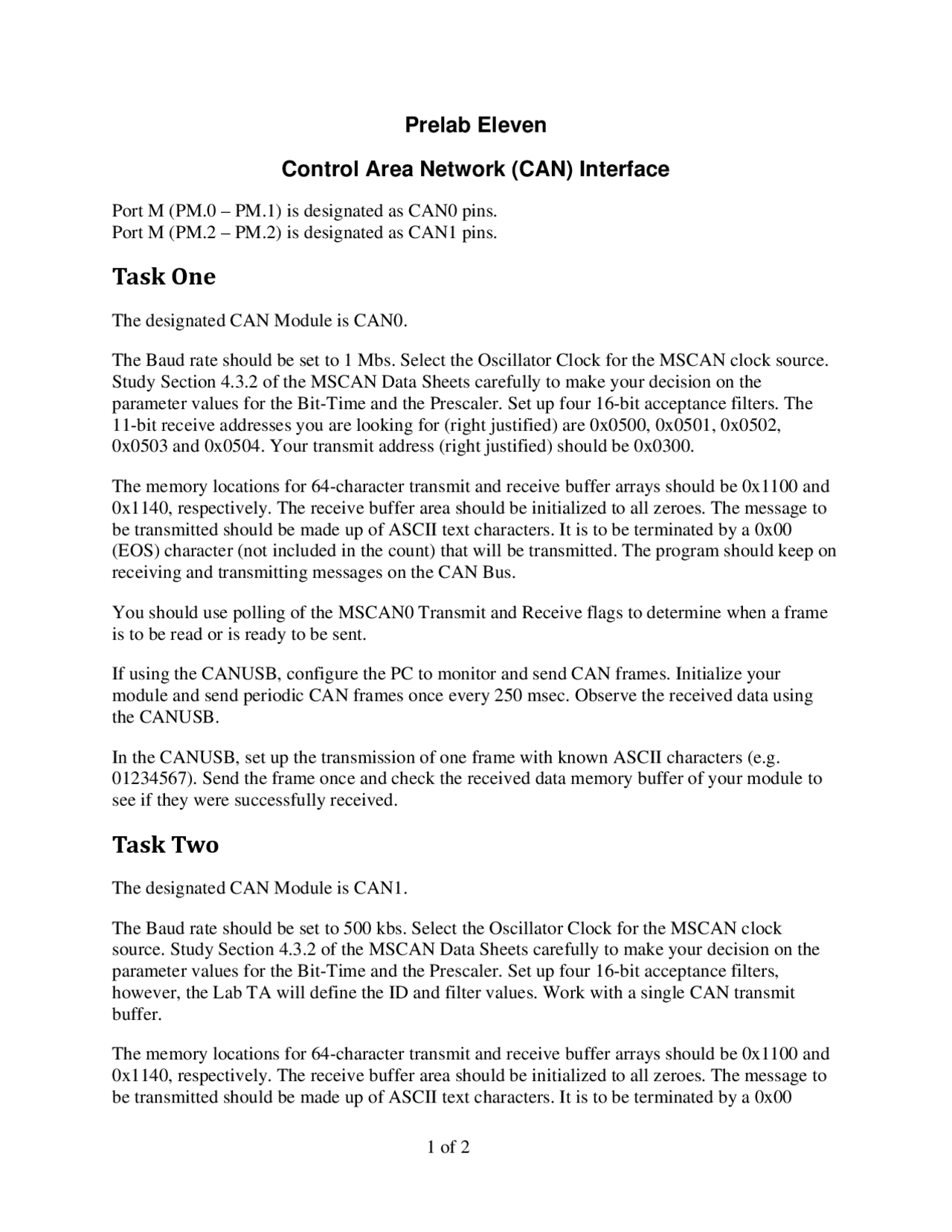 Control Area Network Interface Prelab 11 Ece 4510 Docsity