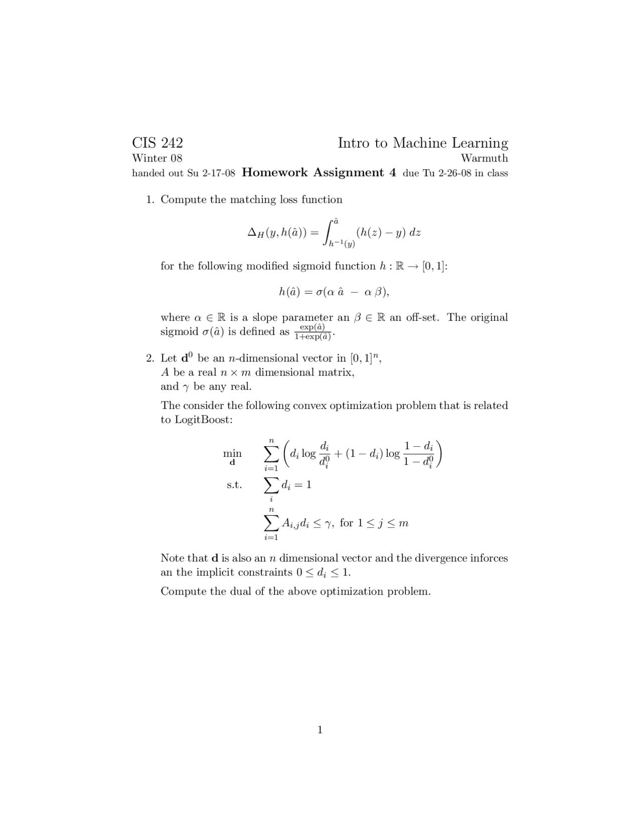 Introduction To Machine Learning Homework Assignment Iv Cmps 242 Docsity