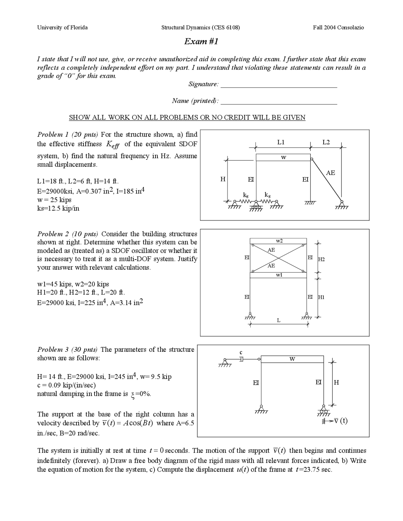 Practice Exam 1 On Structural Dynamics Fall 2004 Ces 6108 Docsity