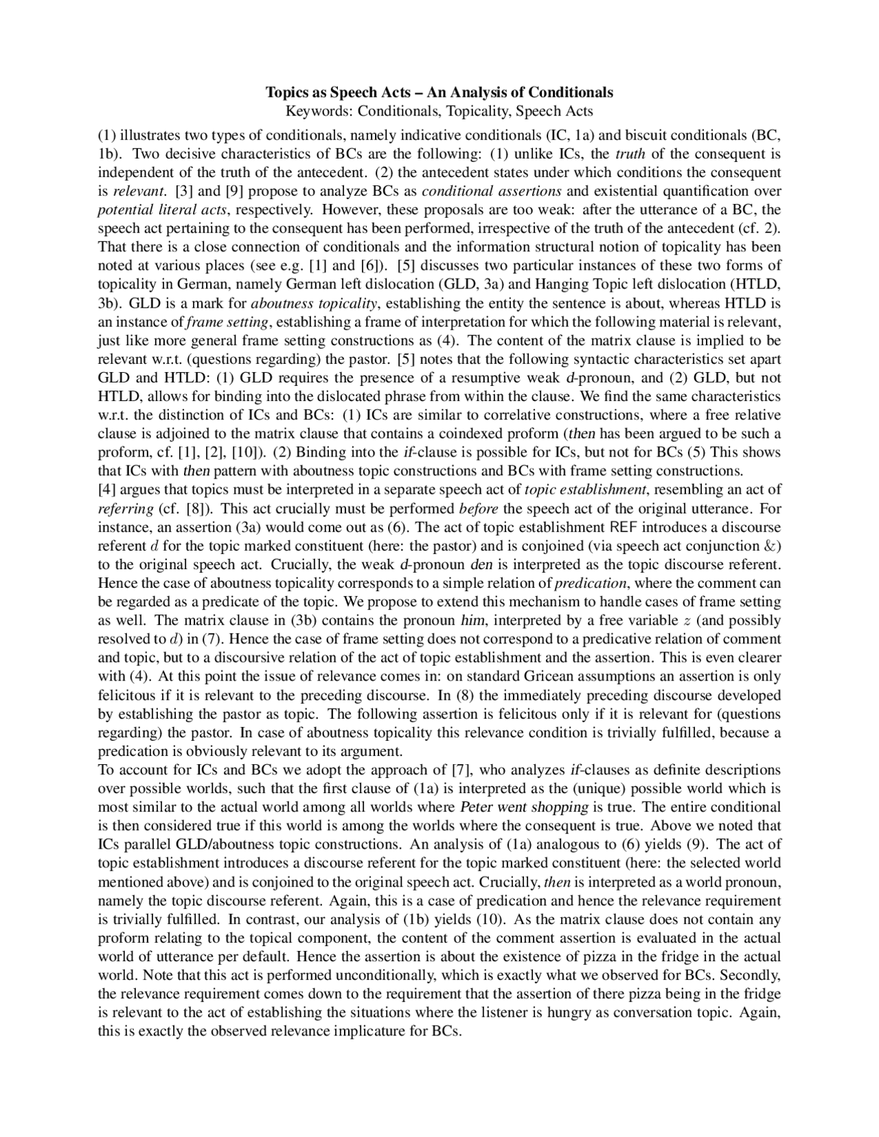 Topics As Speech Acts An Analysis Of Conditionals German 0270 Docsity