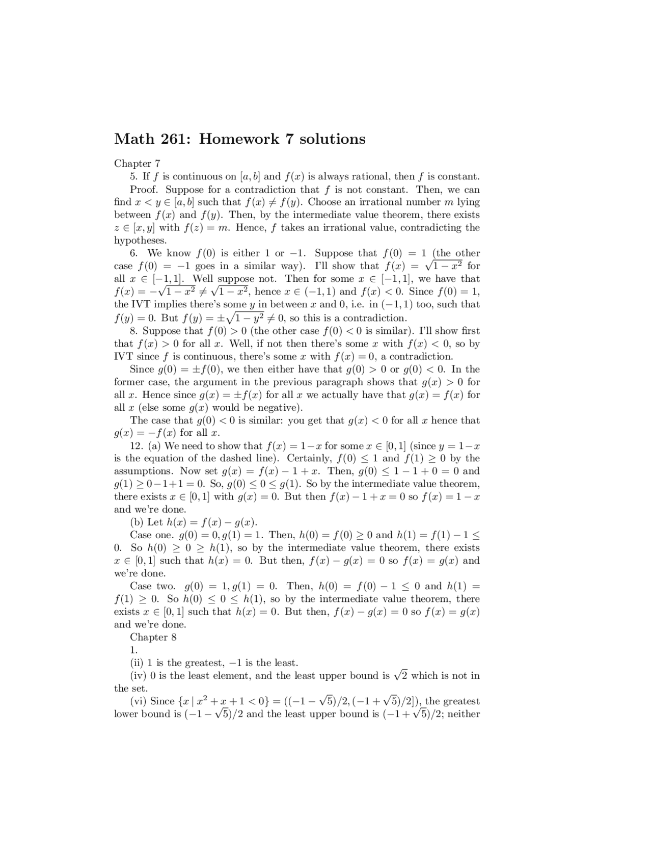 Assignment 7 Solutions Calculus With Theory I Math 261 Docsity
