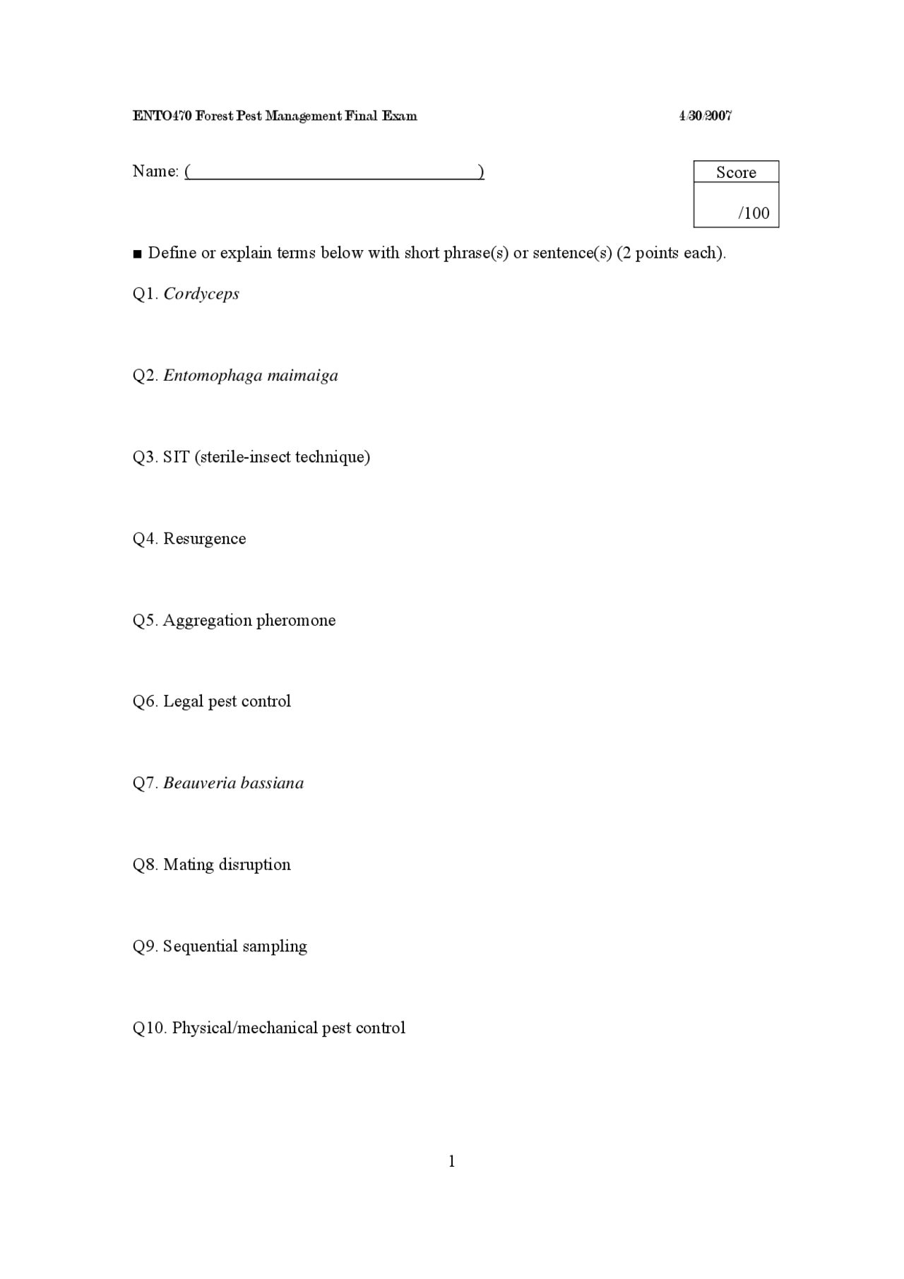 24 Questions In Final Exam Forest Pest Management Ento 470 Docsity