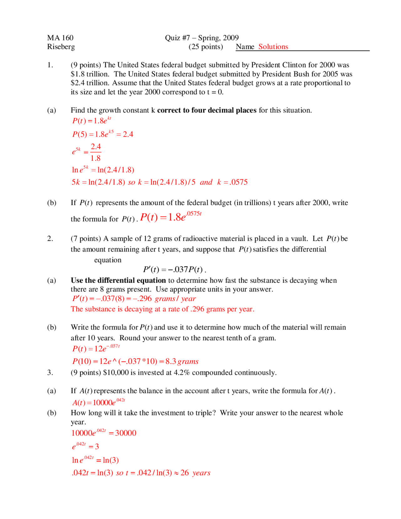 Solutions To Quiz 7 Elementary Applied Calculus I Ma 160 Docsity
