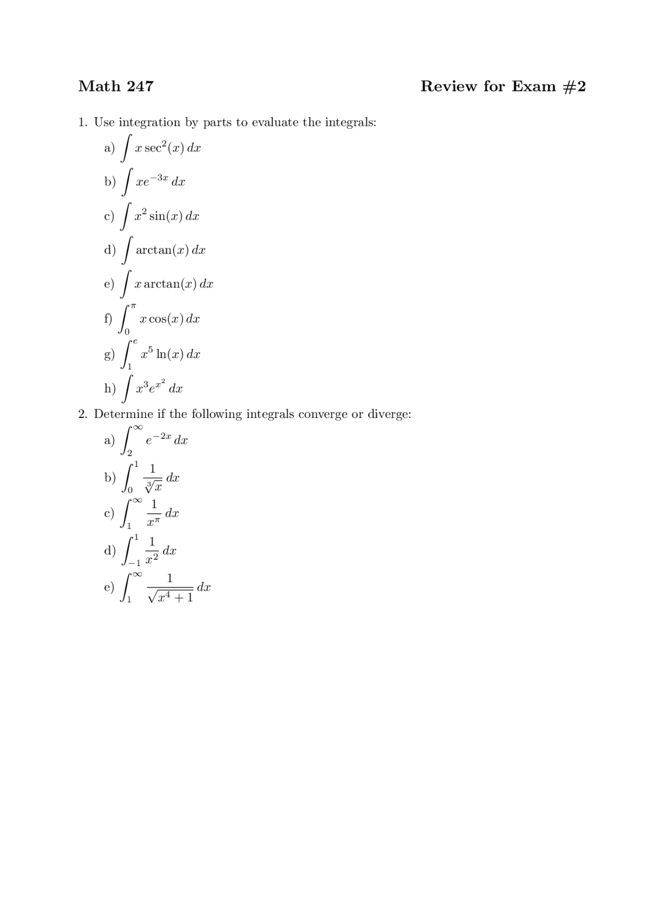 Review For Exam 2 Calculus For Biological Sciences Ii Math 247 Docsity