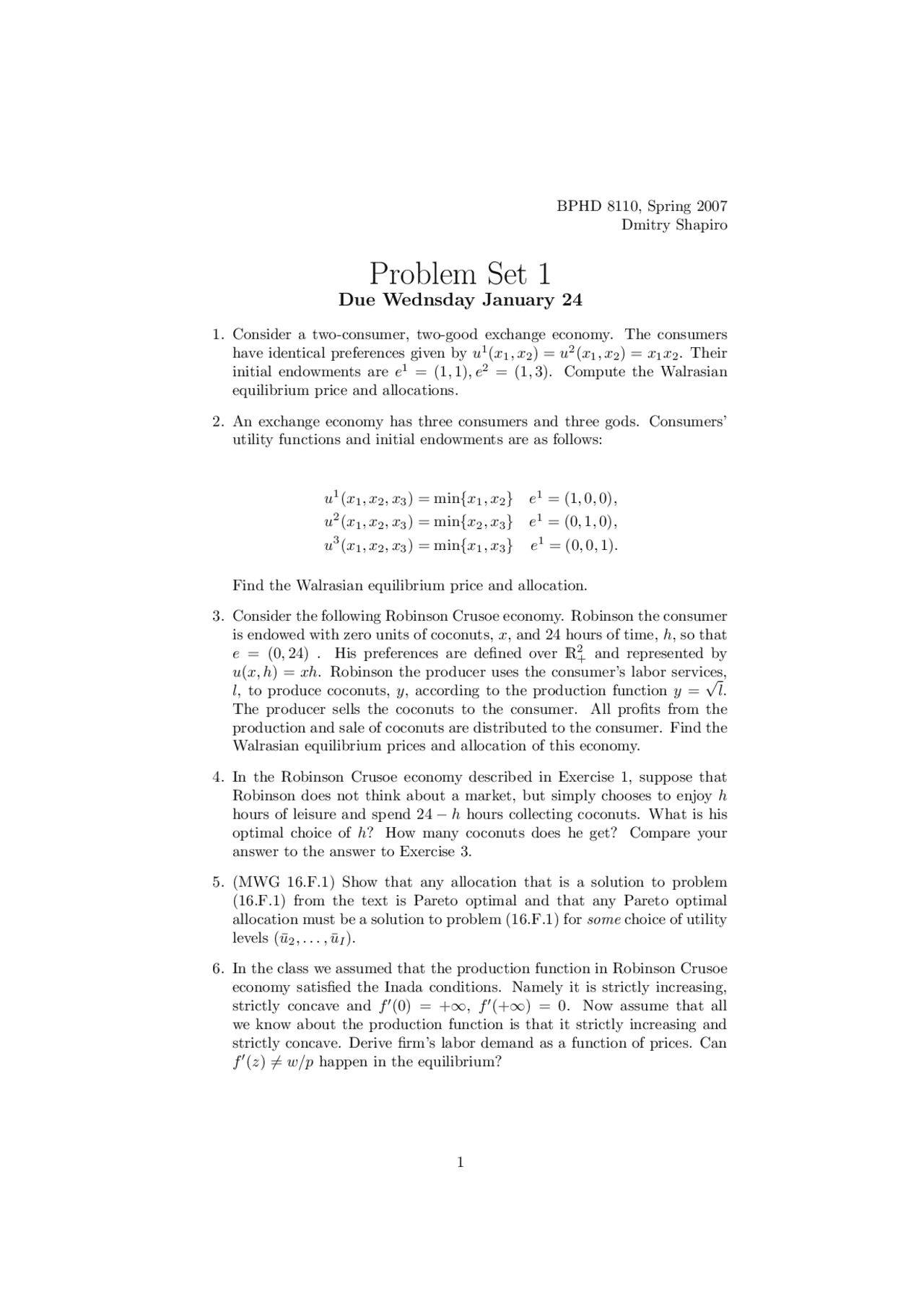 Problem Set 1 Questions Microeconomic Theory Ii Bphd 8110 Assignments Microeconomics Docsity