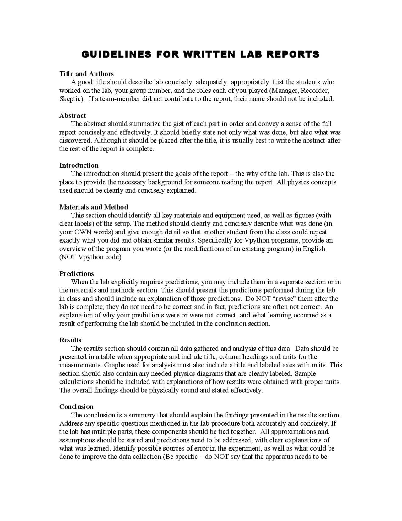 Guidelines For Written Laboratory Reports Honors Physics I Phys