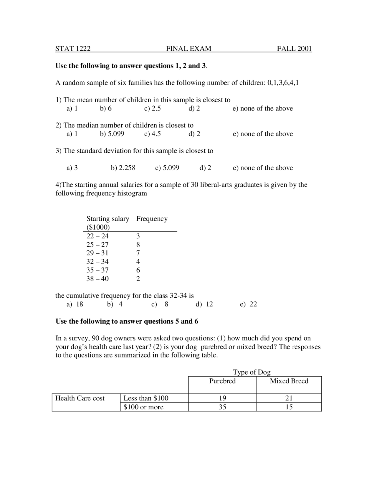 Final Exam Problems Introduction To Statistics 2011 Stat 1222 Docsity