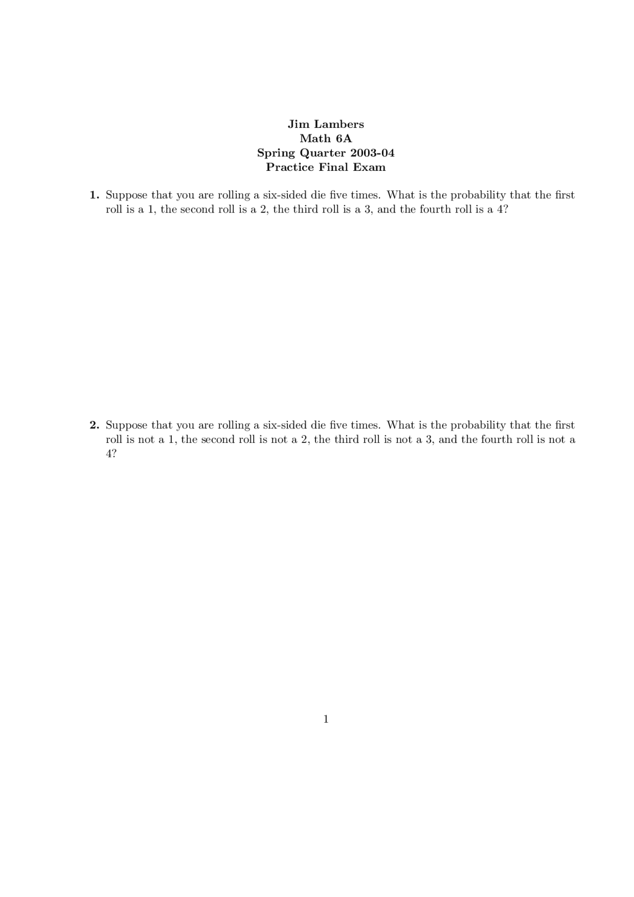 Practice Final Exam Linear Algebra Math 6 Docsity