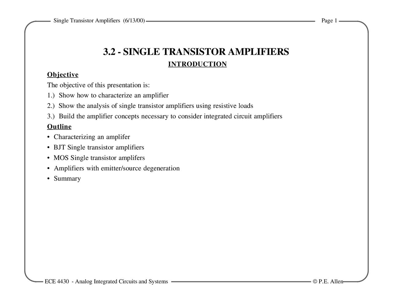 Single Transistor Amplifier Analog Integra Circuits Lecture Slides