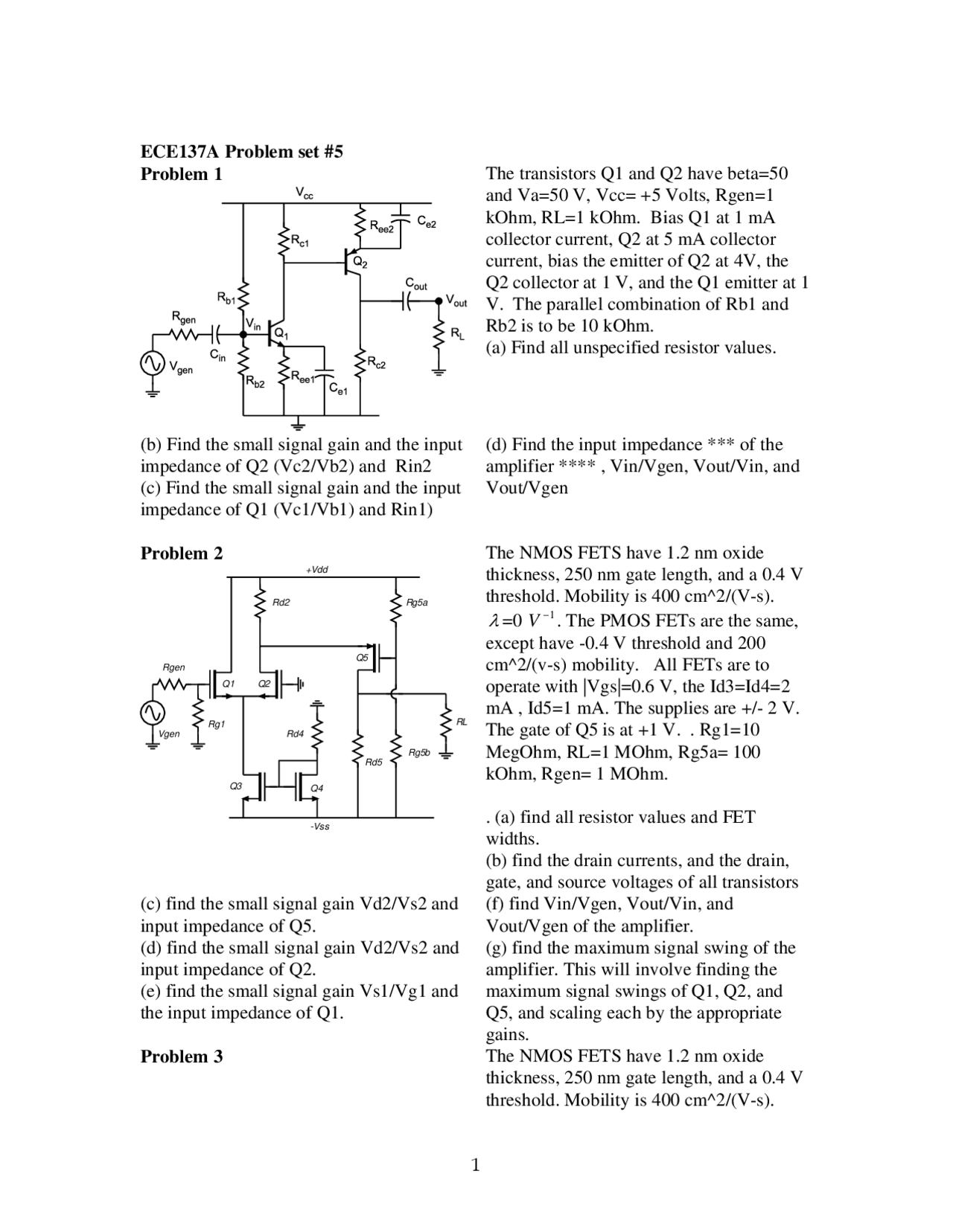 Problem Set 5 - Circuits and Electronic I | ECE 137A - Docsity