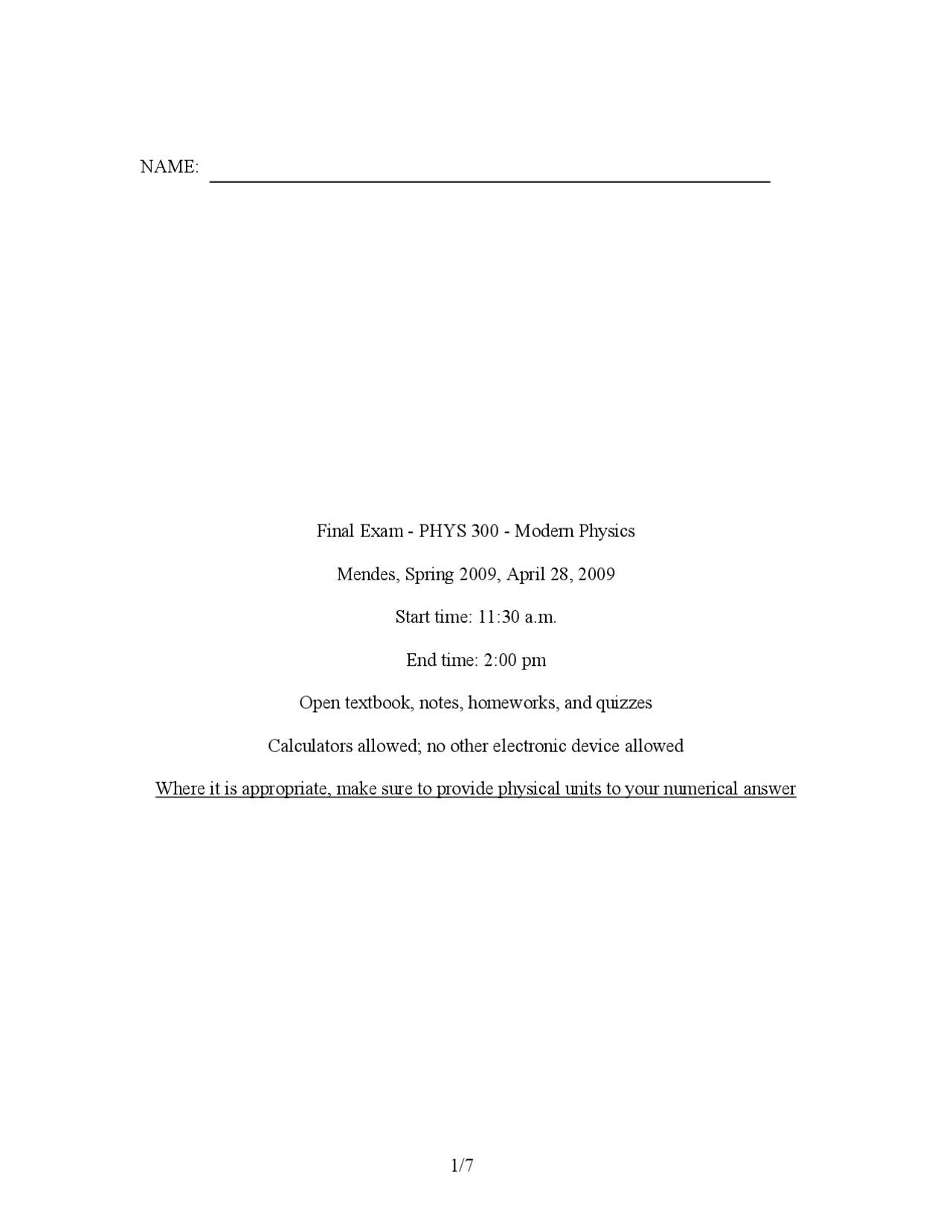 Final Exam Problems Introduction To Modern Physics Phys 300 Docsity