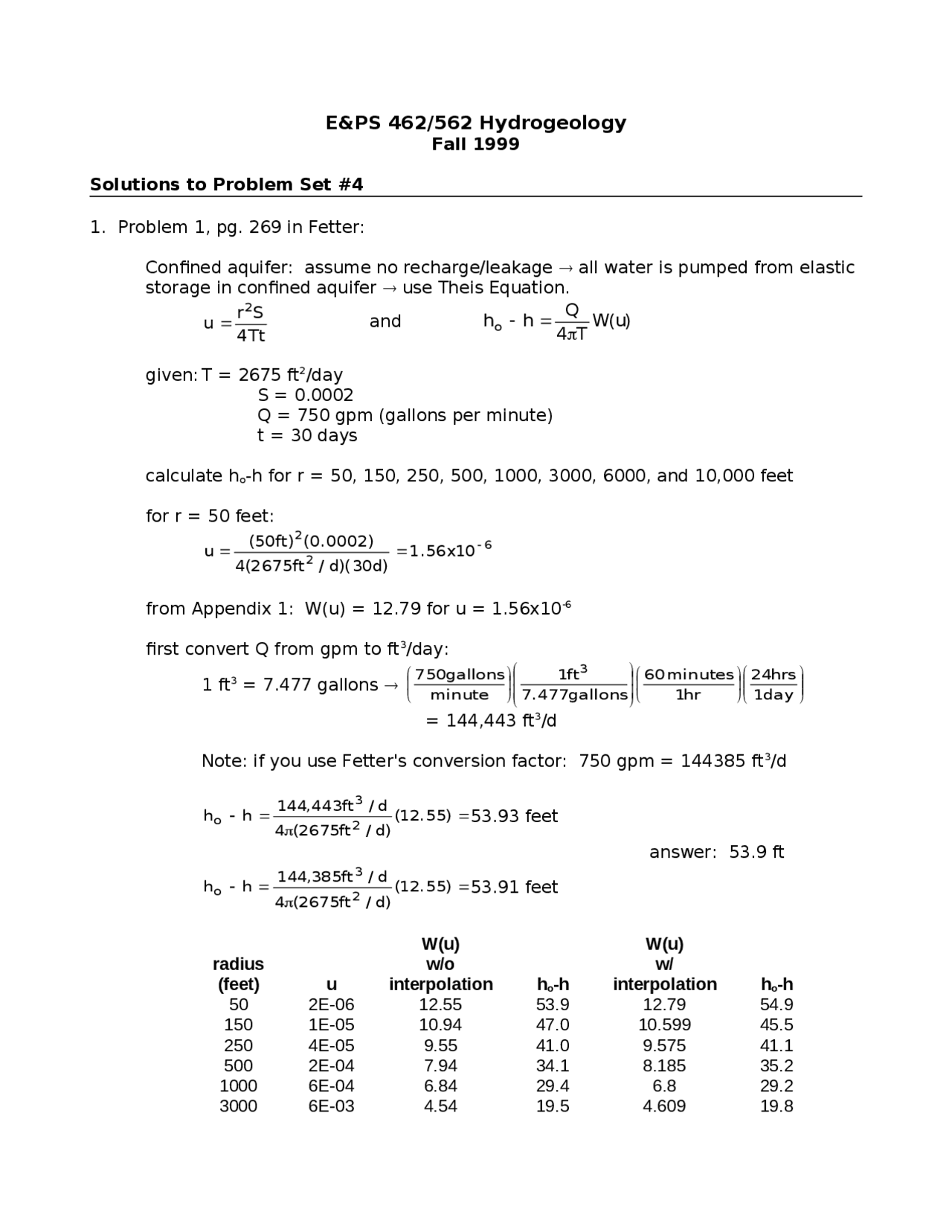 Hydrogeology Problem Set 4 Solutions Eps 462 Docsity