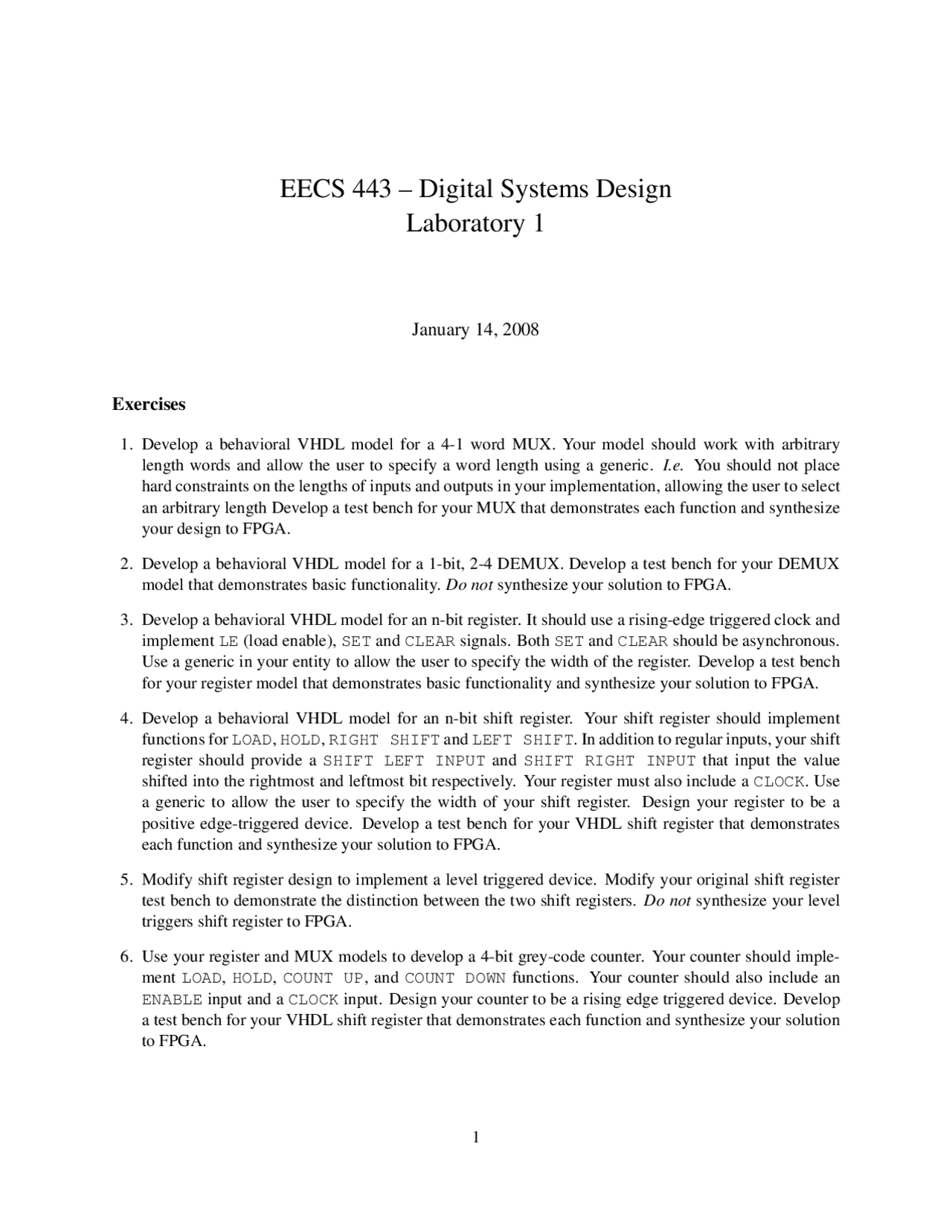 Digital Systems Design Laboratory 1 Eecs 443 Lab Reports Digital