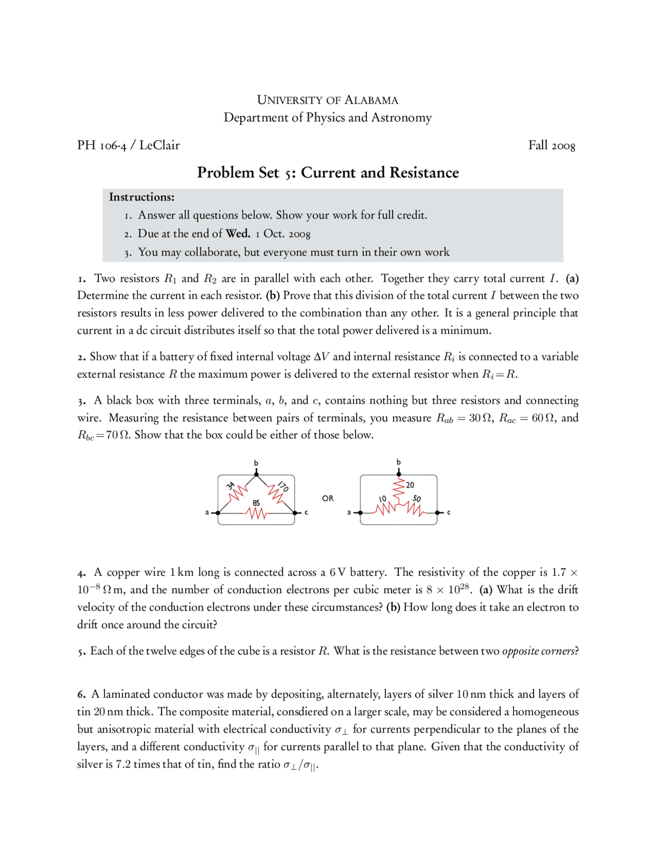 Current And Resistance Problem Set 5 General Physics With Calculus