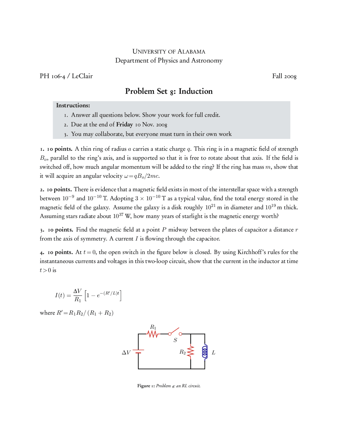 Problem Set 8: Physics of Induction - University of Alabama | Assignments Physics | Docsity