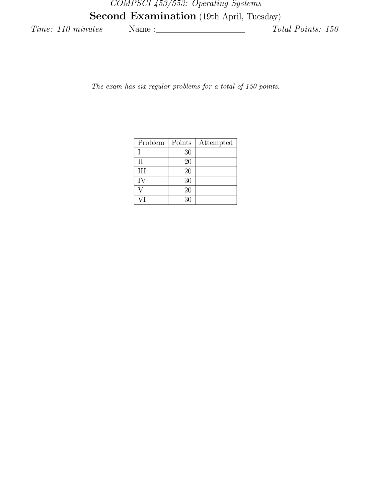 Solutions to Second Examination - Operating Systems | COMPSCI 453 - Docsity