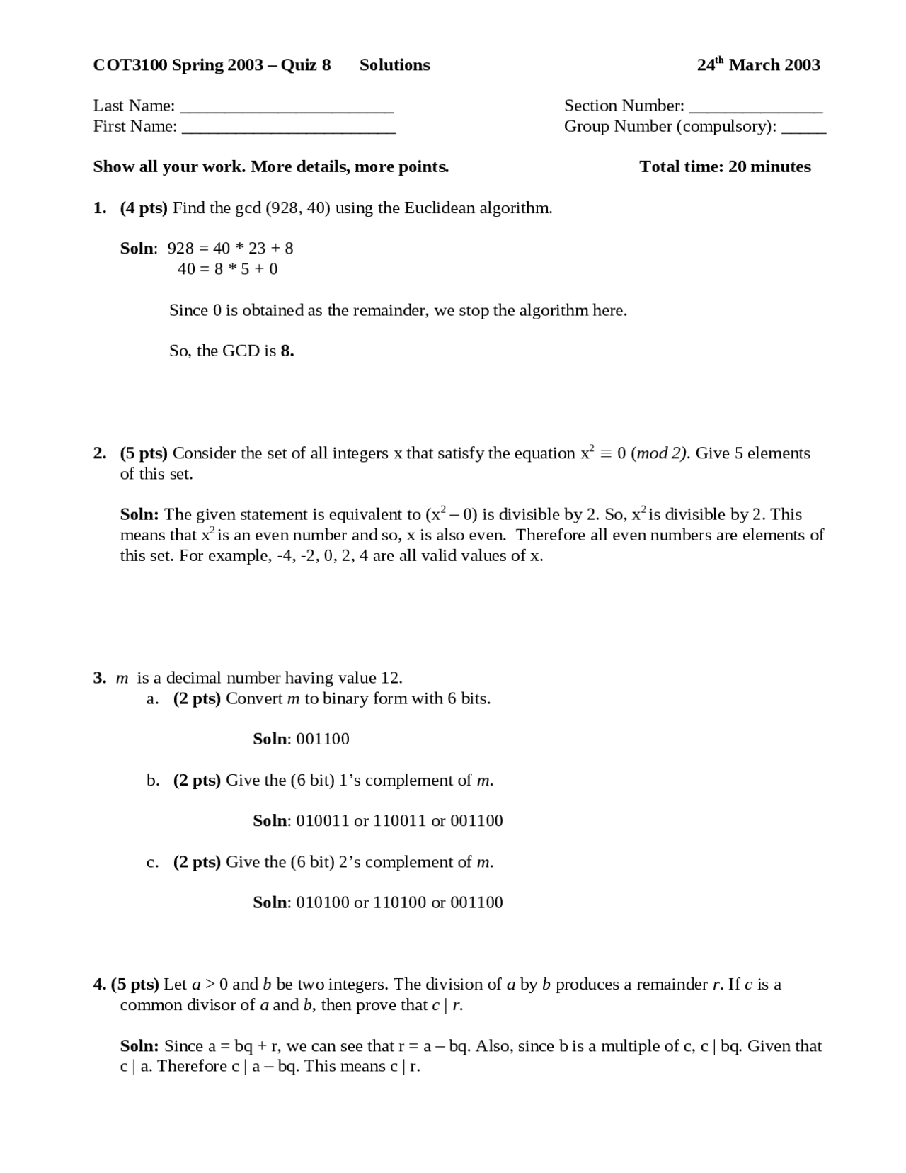 4 Questions on the Euclidean Algorithm - Quiz 8 | COT 3100 - Docsity