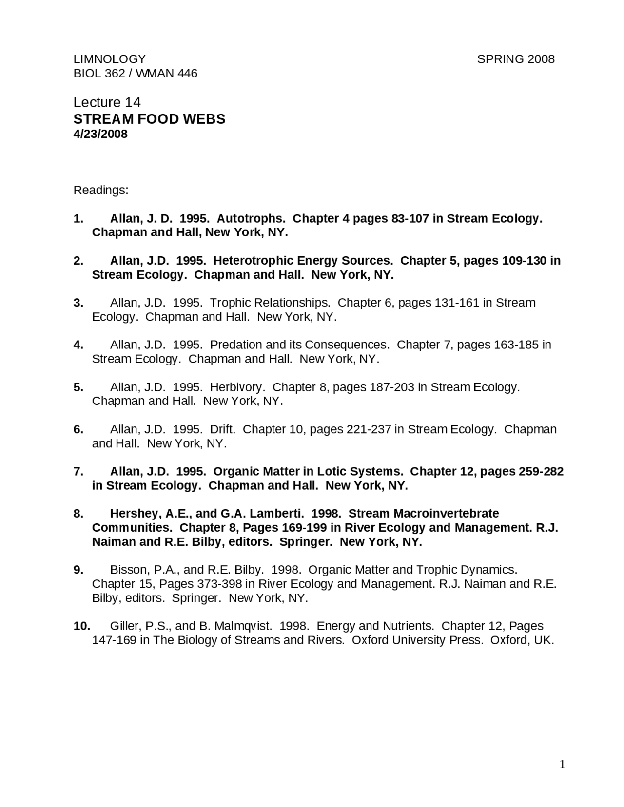 Stream Food Webs Lecture Notes Biol 362 Docsity