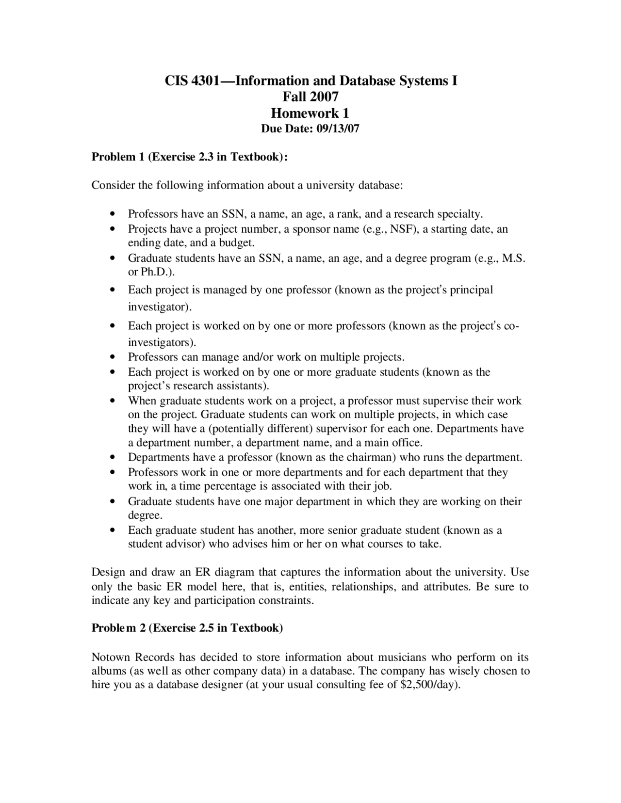 Homework I Problems For Information And Database System I Cis 4301