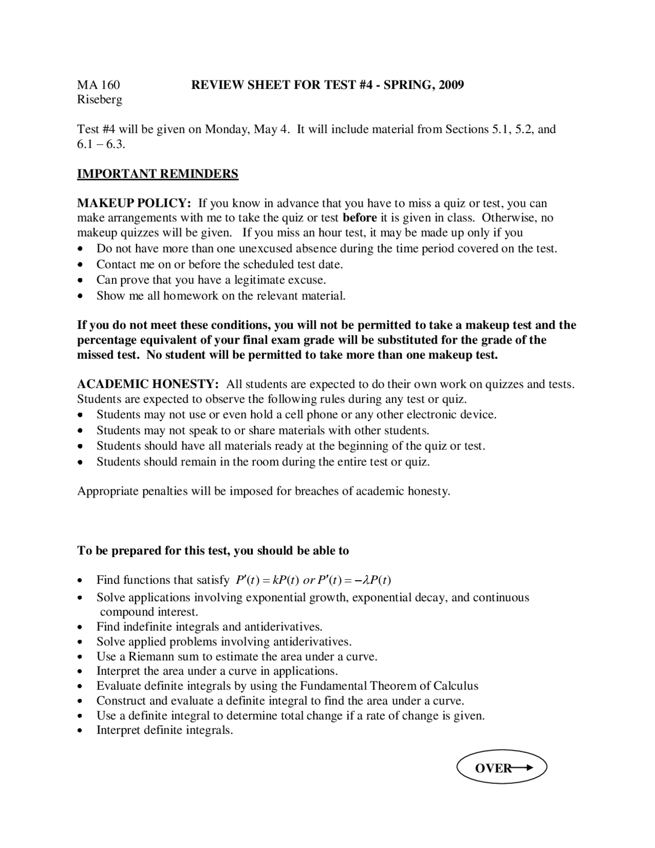 Review Sheet For Test 4 Elementary Applied Calculus I Ma 160 Docsity