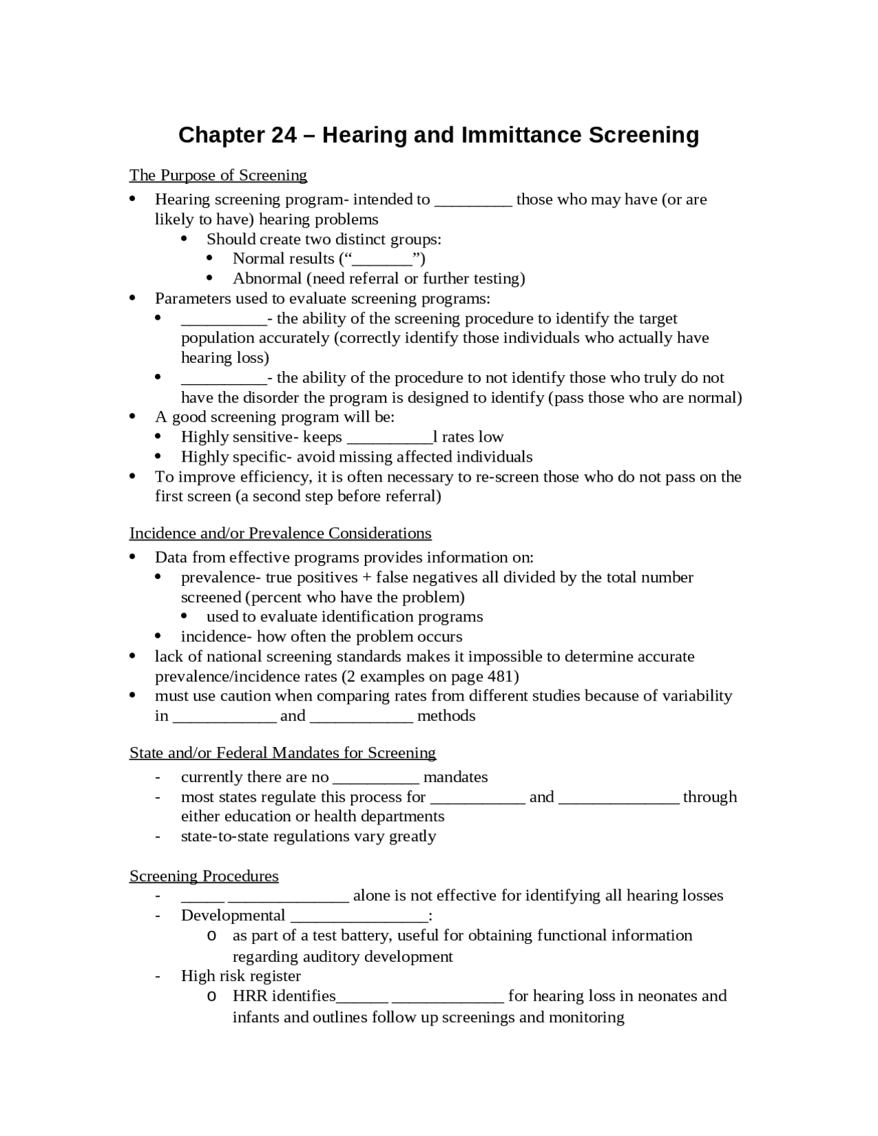 Notes on Hearing and Immittance Screening | SPA 5304 - Docsity