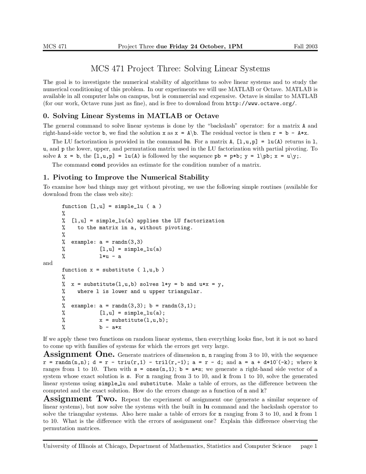 Solving Linear Systems - Project Three | MCS 471 - Docsity