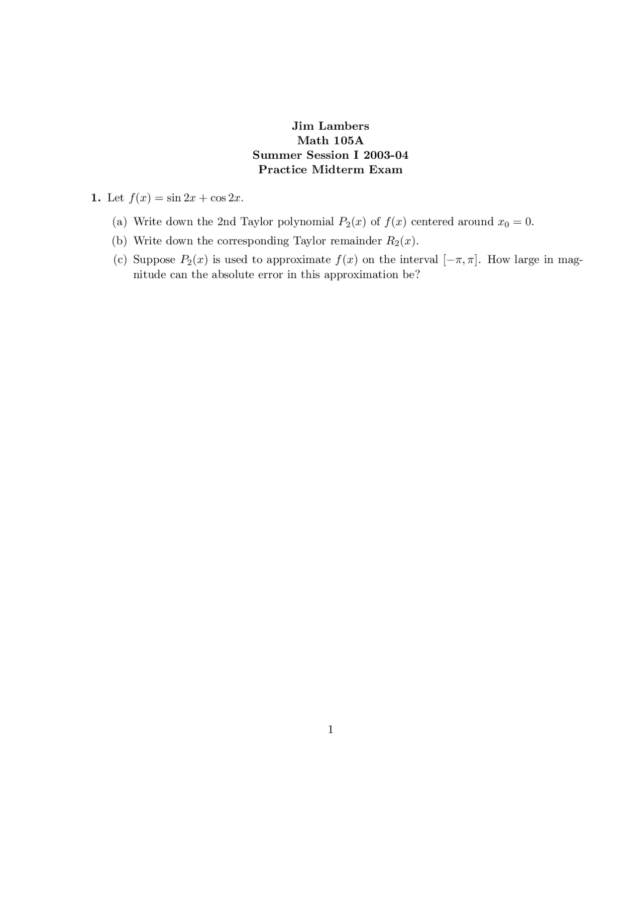 Practice Midterm Exam Numerical Analysis Math 105 Docsity