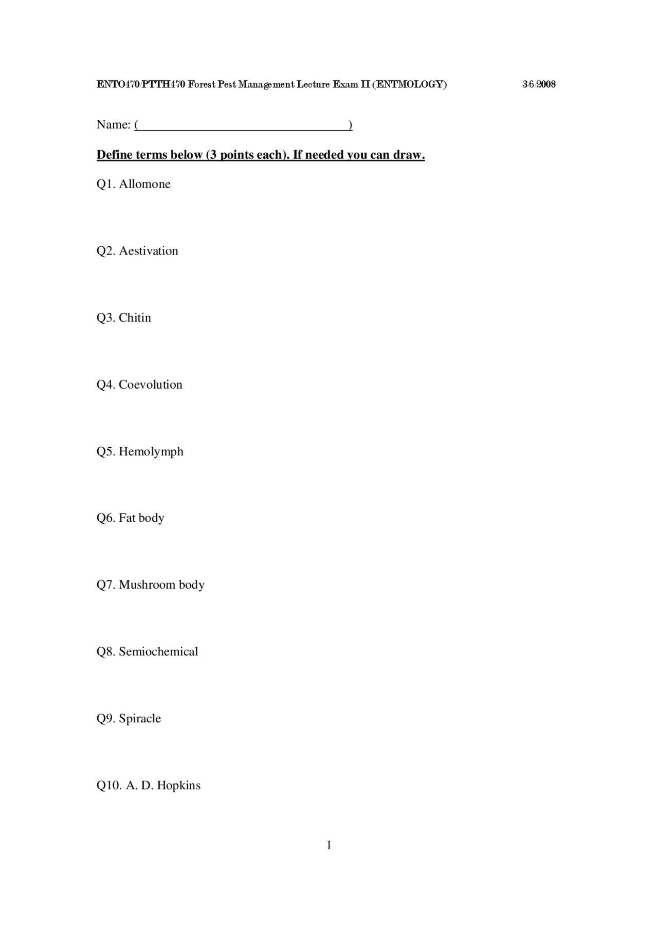 Practice Exam 2 Forest Pest Management Ento 470 Docsity