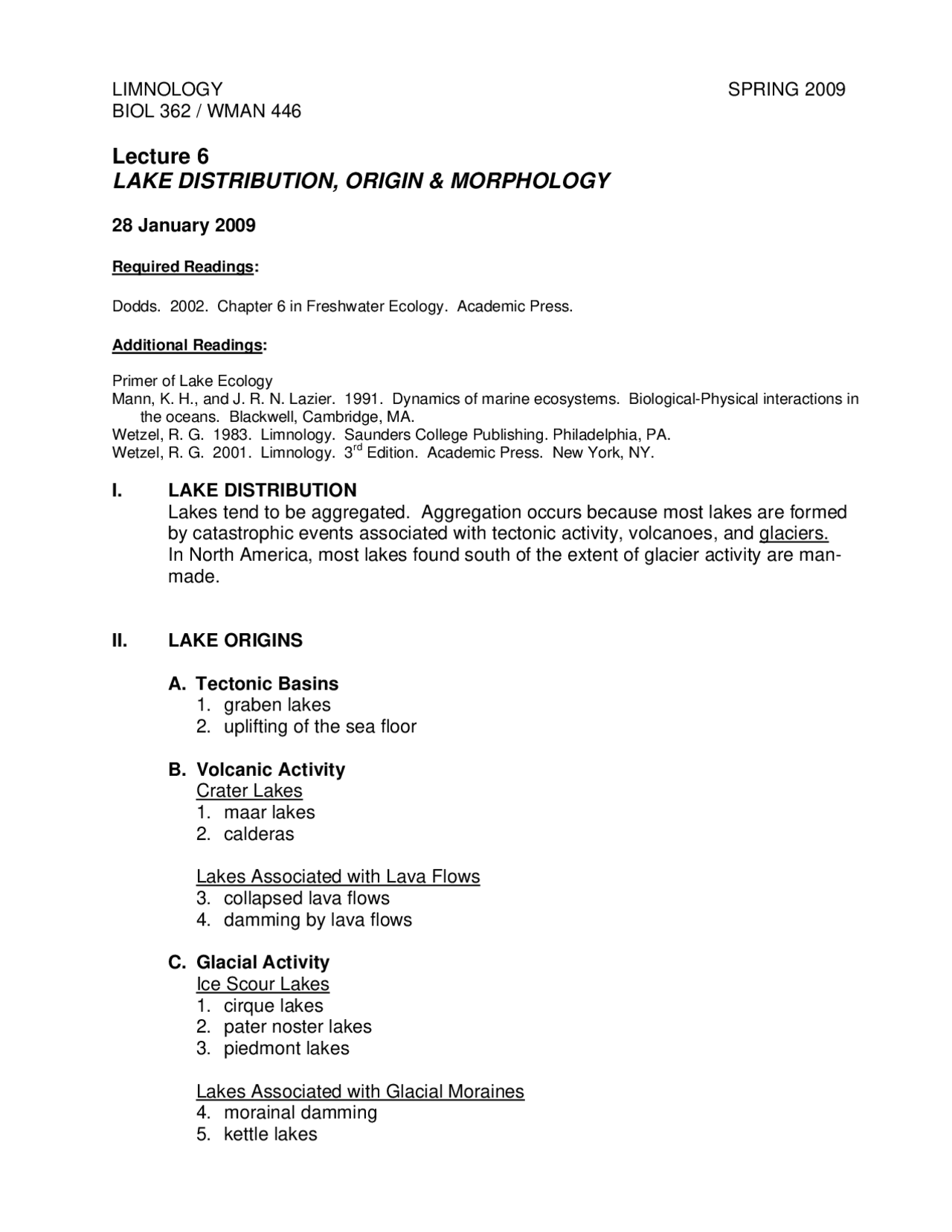 Lake Distribution, Origin and Morphology - Lecture Notes | BIOL 362 ...
